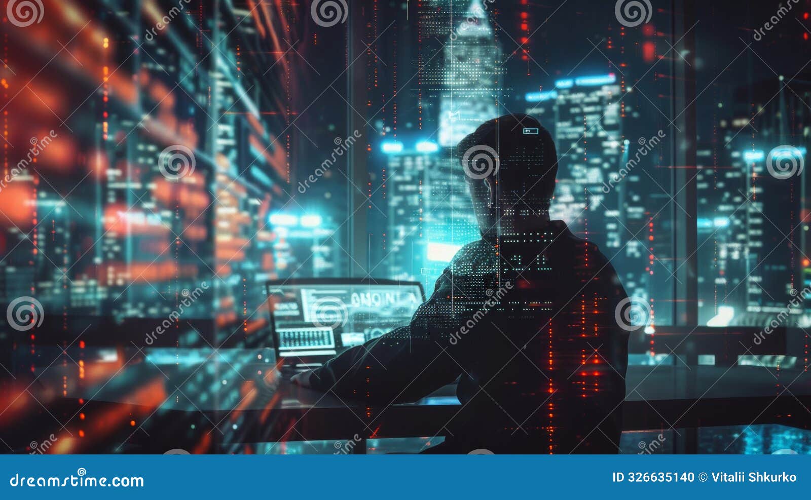 Silhouette of a Hacker Using a Digital Device with a Transparent ...