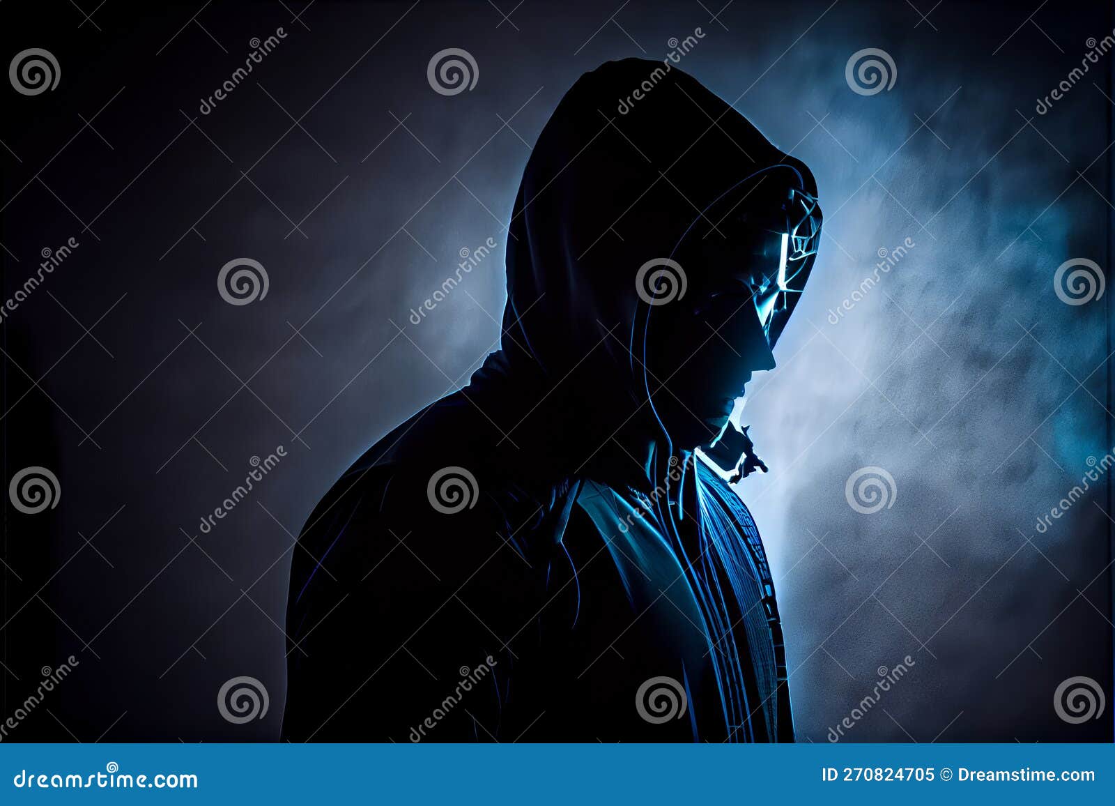 Silhouette Of A Hacker In A Hood With Binary Code On A Luminous Purple Background Hacking Of A