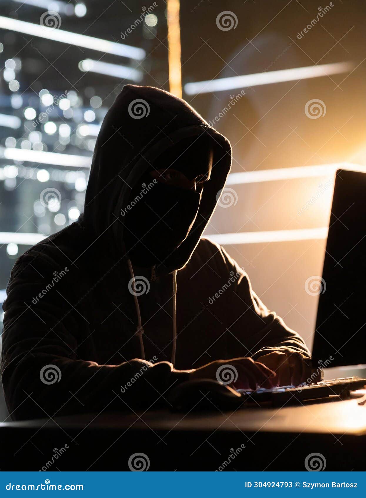 Silhouette Of A Hacker Working On A Computer In A Dark Room Generative Ai Stock Image Image