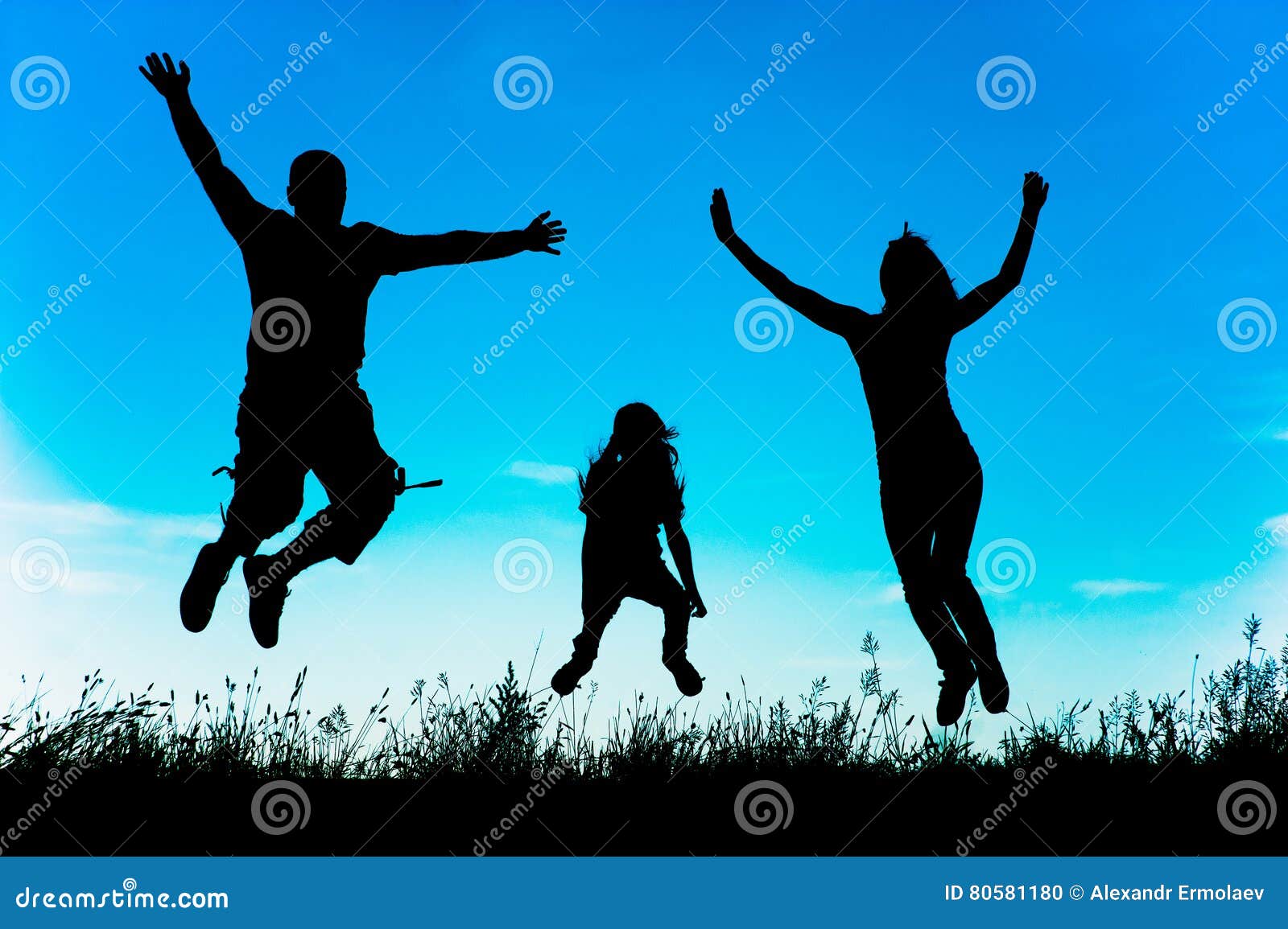 Silhouette of a Happy Active Family Jumping Stock Photo - Image of ...
