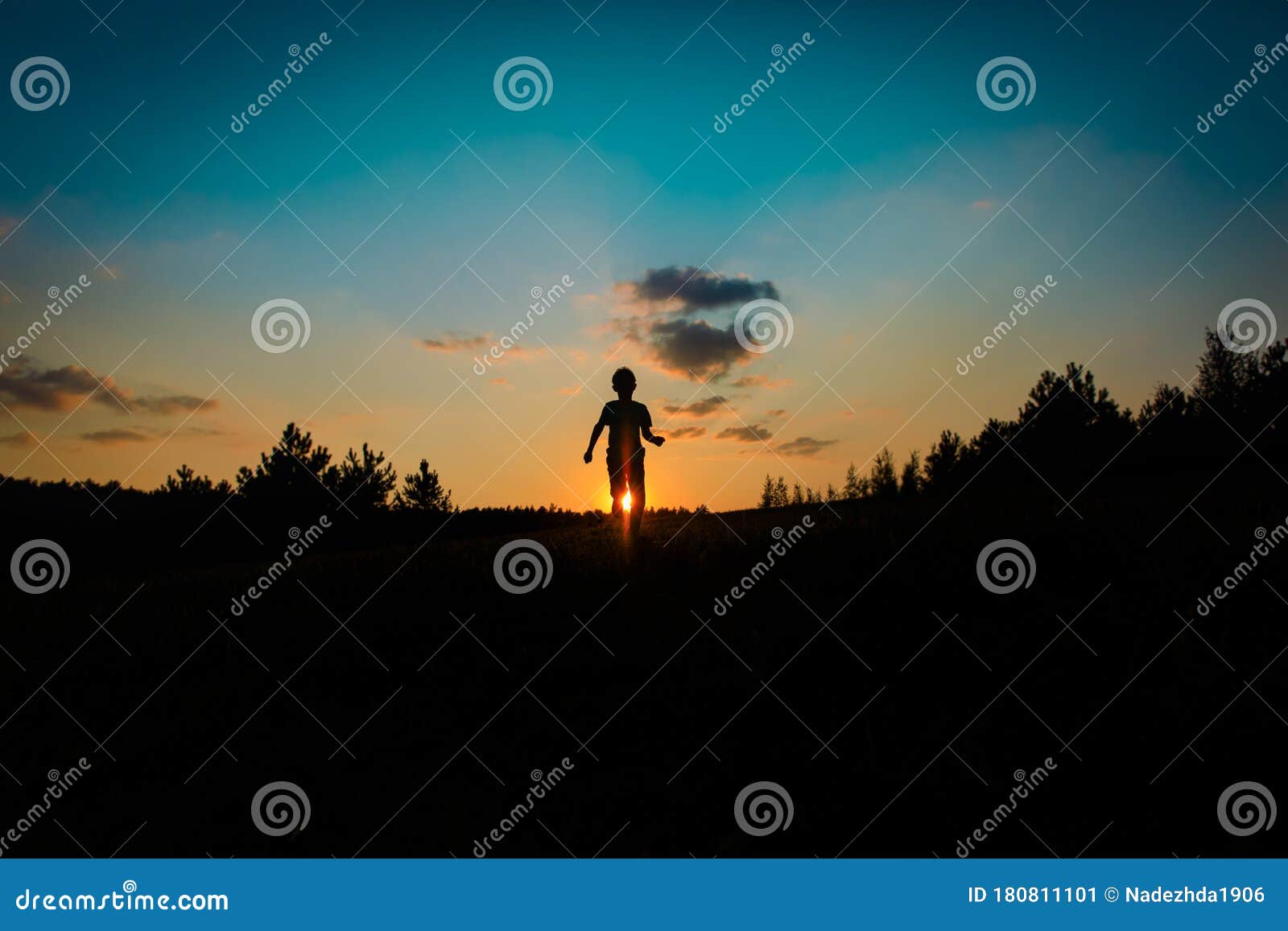 Silhouette of Happy Boy Run and Play at Sunset Stock Image - Image of ...