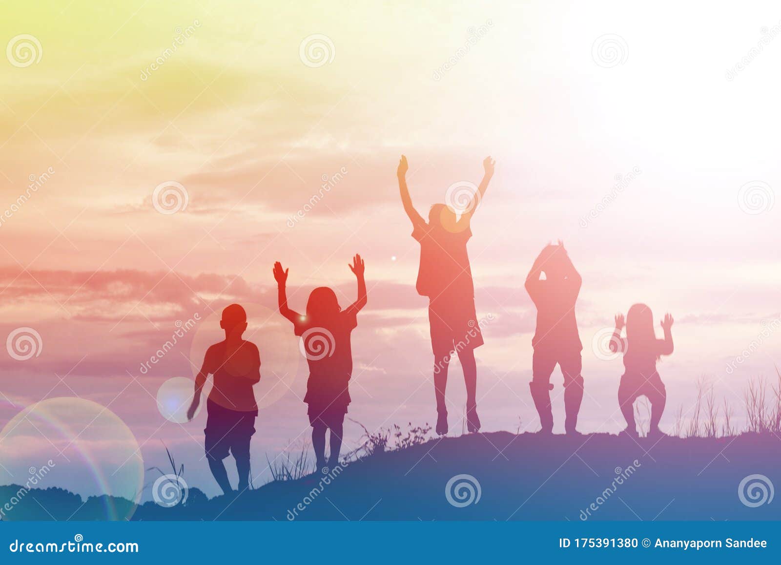 Silhouette of a Happy Children and Happy Time Sunset Stock Photo ...