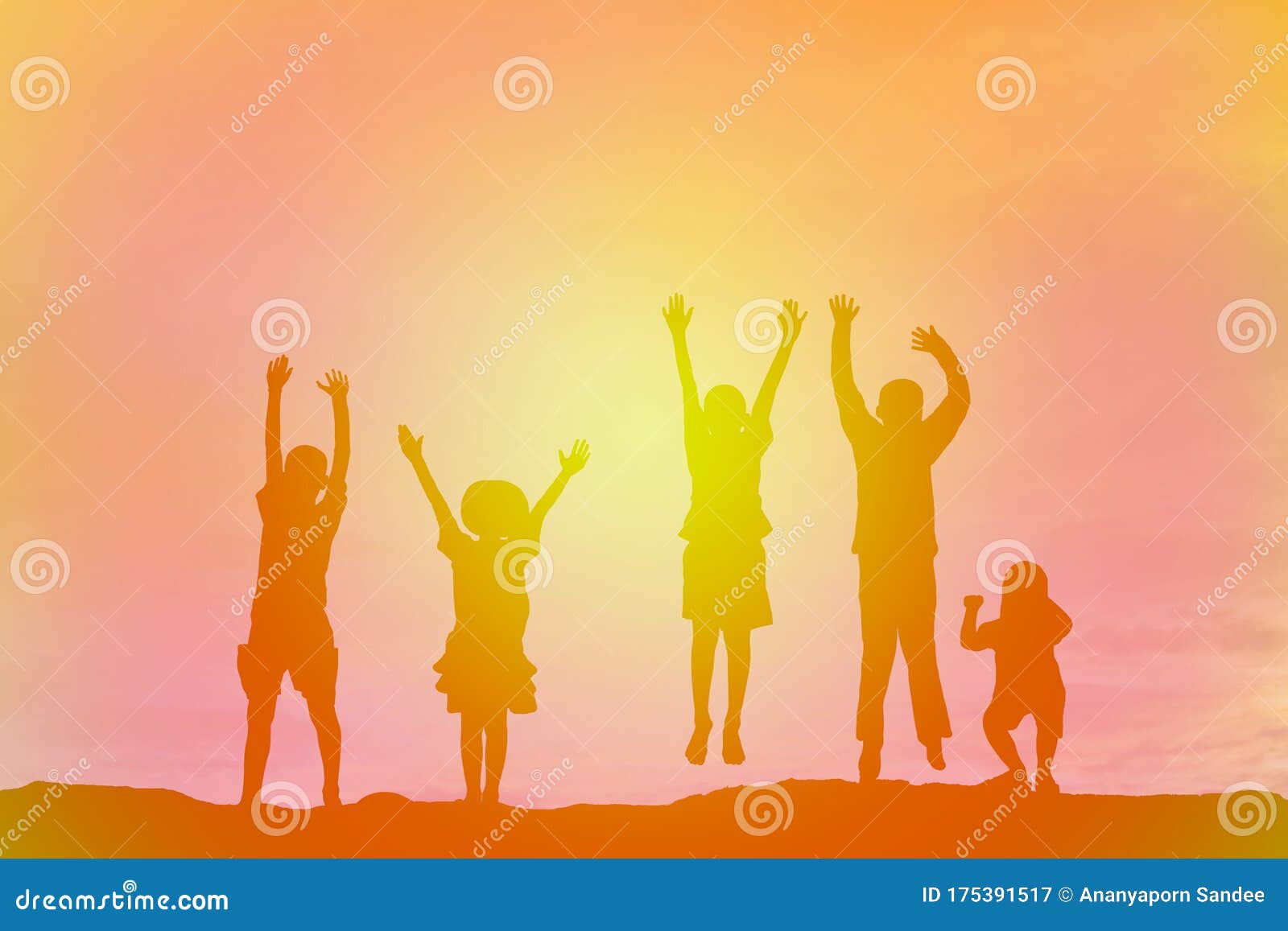 Silhouette of a Happy Children and Happy Time Sunset Stock Image ...