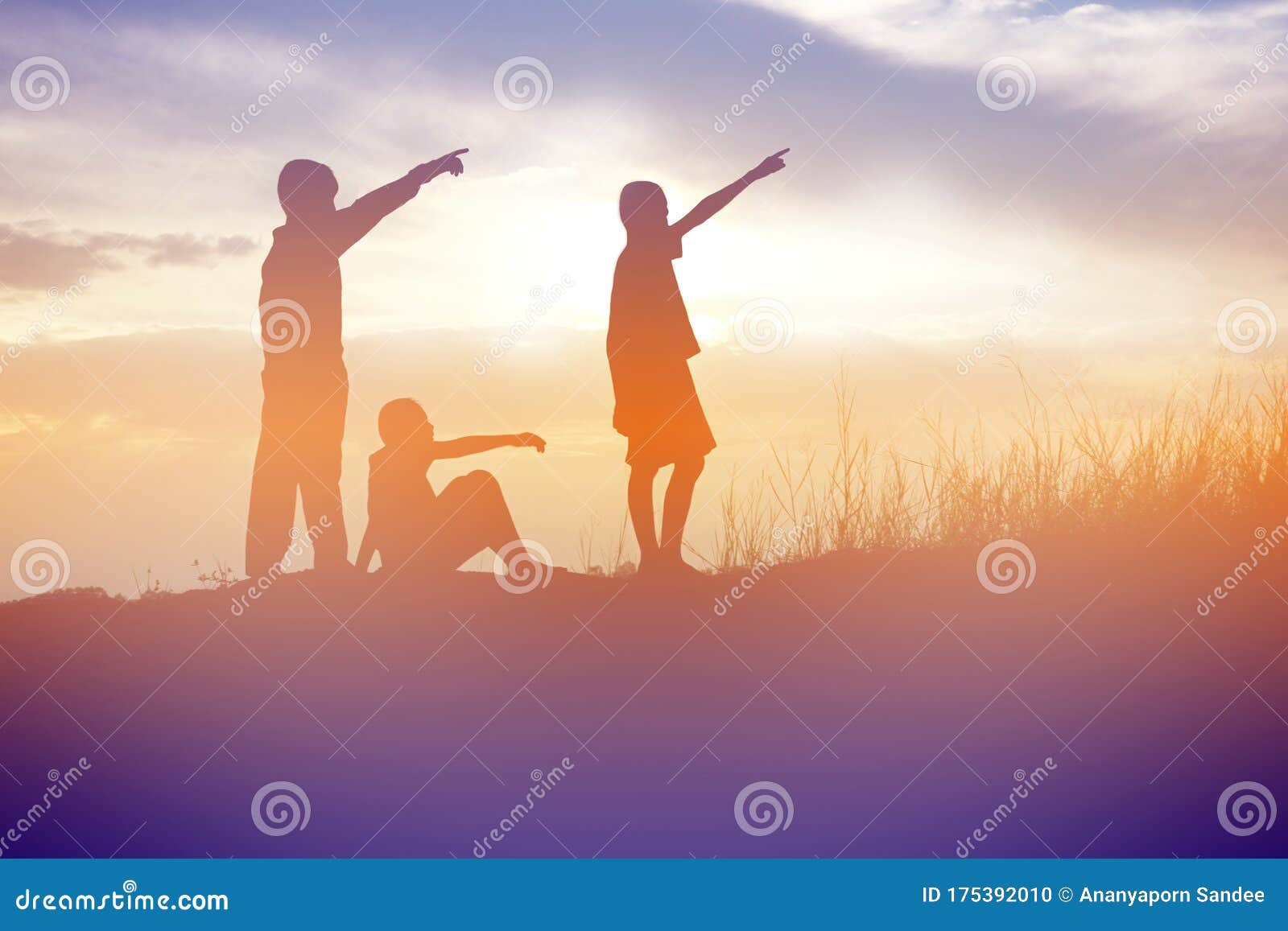 Silhouette of a Happy Children and Happy Time Sunset Stock Photo ...