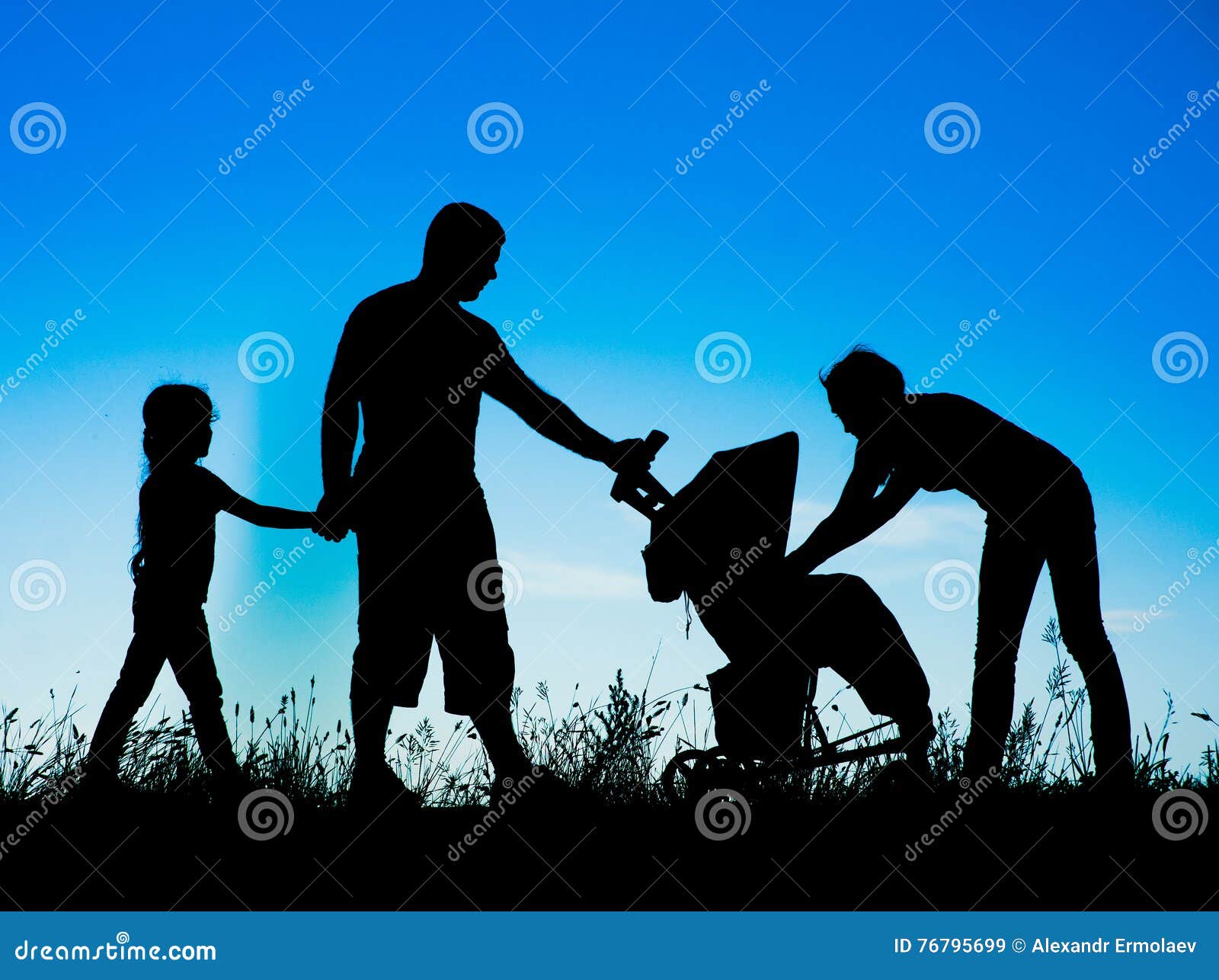 Silhouette of a Happy Family Walking with Stroller Stock Image - Image ...