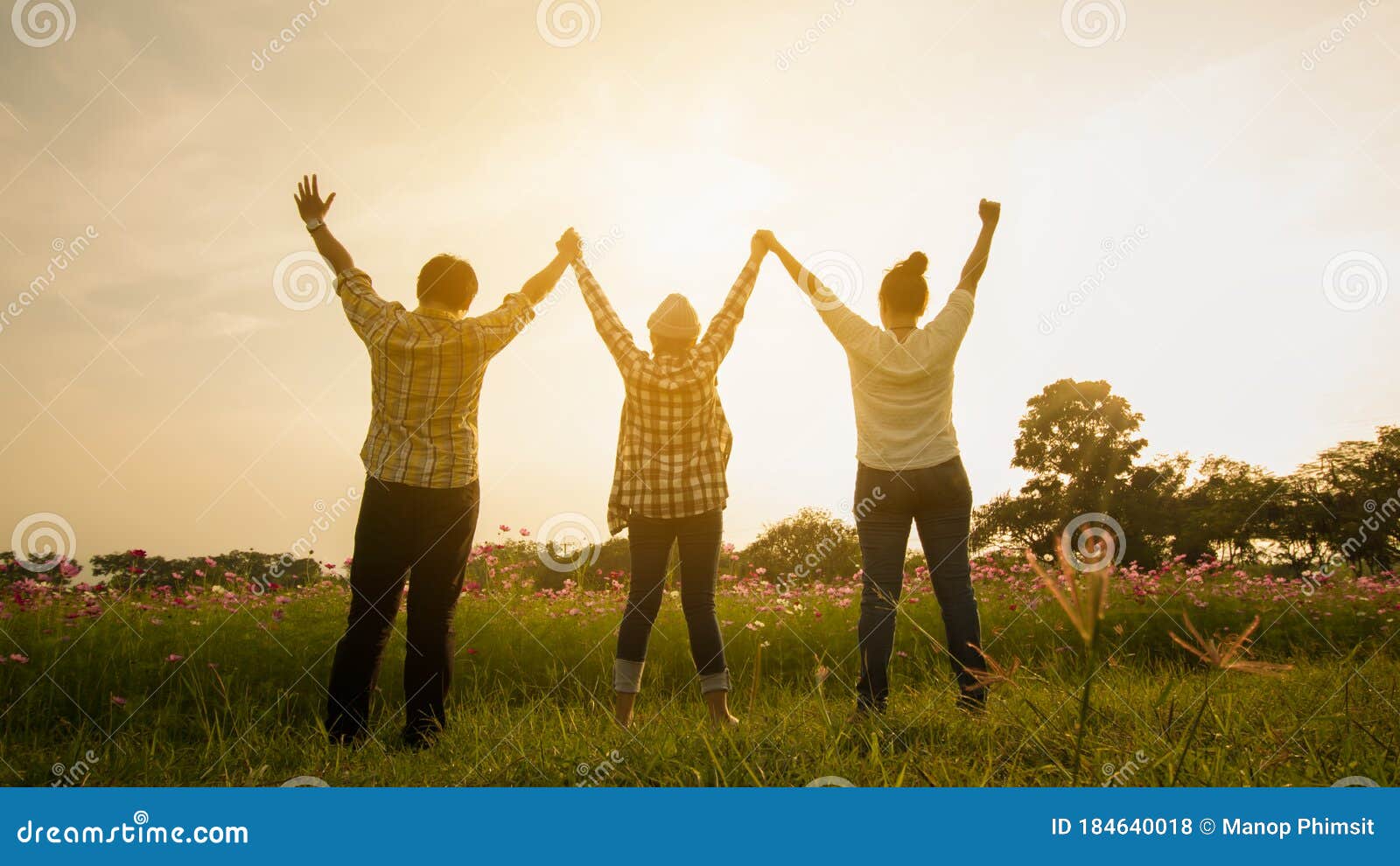 Silhouette of Happy People in Sunset Stock Photo - Image of young ...