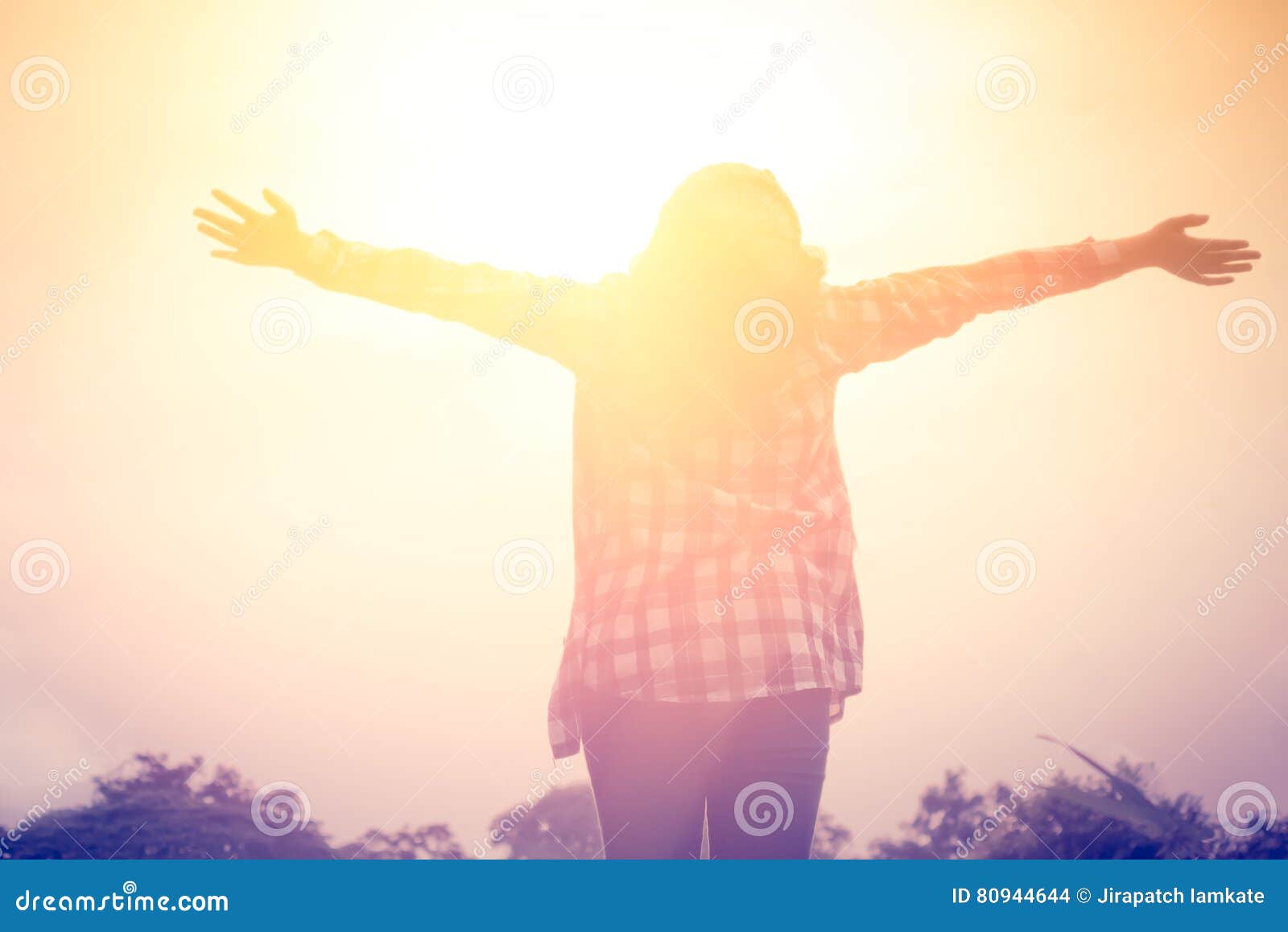 Silhouette of a Happy Woman and Sunset Stock Photo - Image of success ...