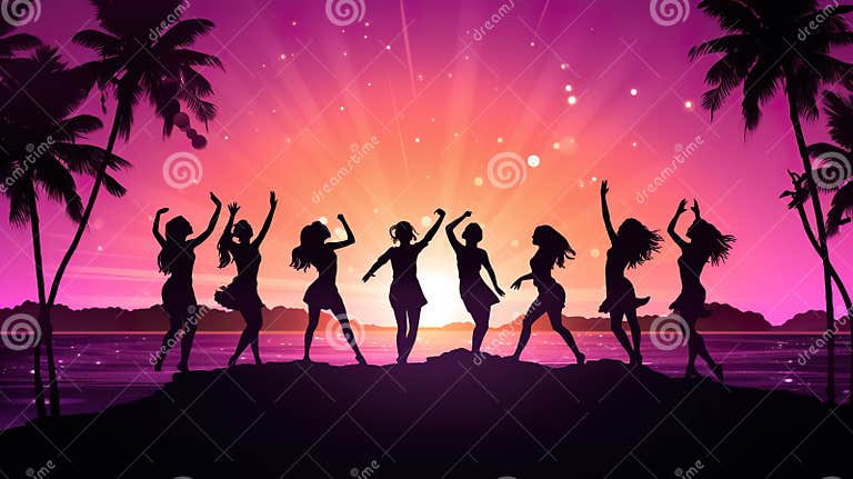 Silhouette Of Happy Women Friends Dancing At Beach Party At Sunset