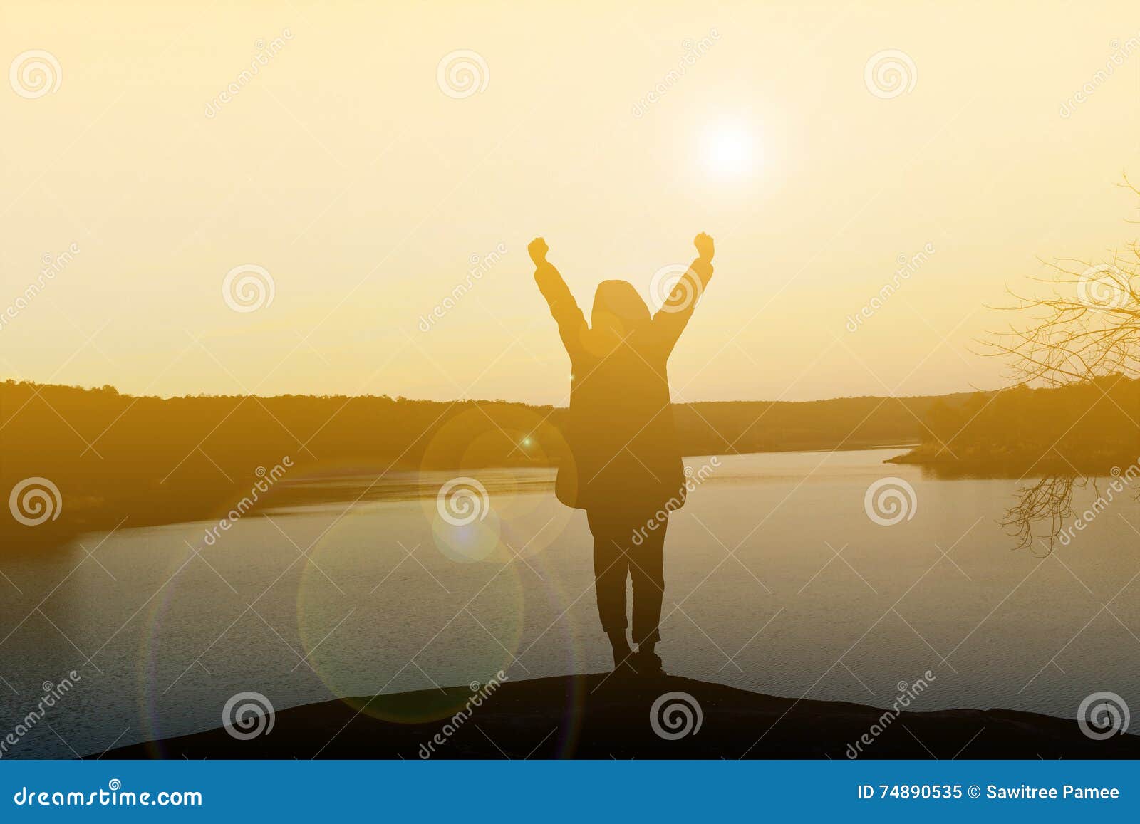 Silhouette Happy Women at Sunset Stock Image - Image of meditating ...