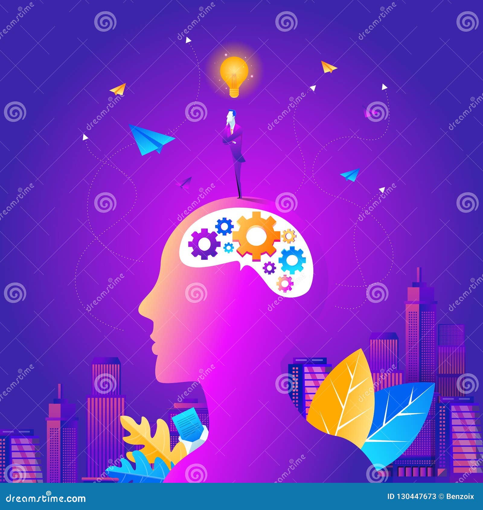 Silhouette of the Head, Brain, and Pulses. Process of Human Thinking ...