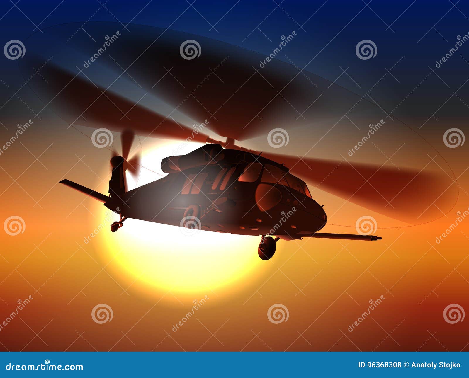 Silhouette Helicopter Black Hawk Helicopter Flies in Sunset Sky. Stock ...