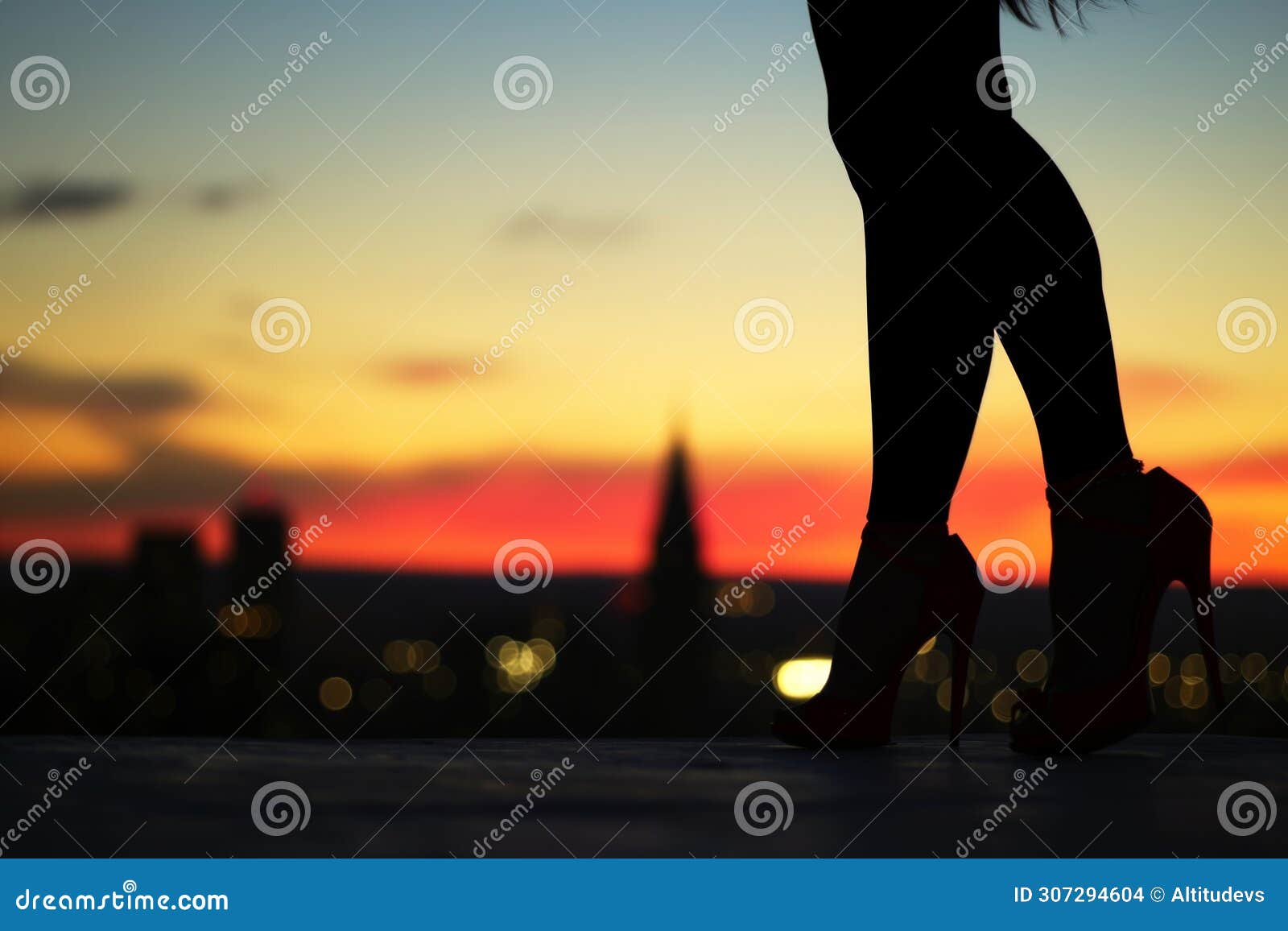 Silhouette in High Heels, Sunset and City Outline Stock Photo - Image ...