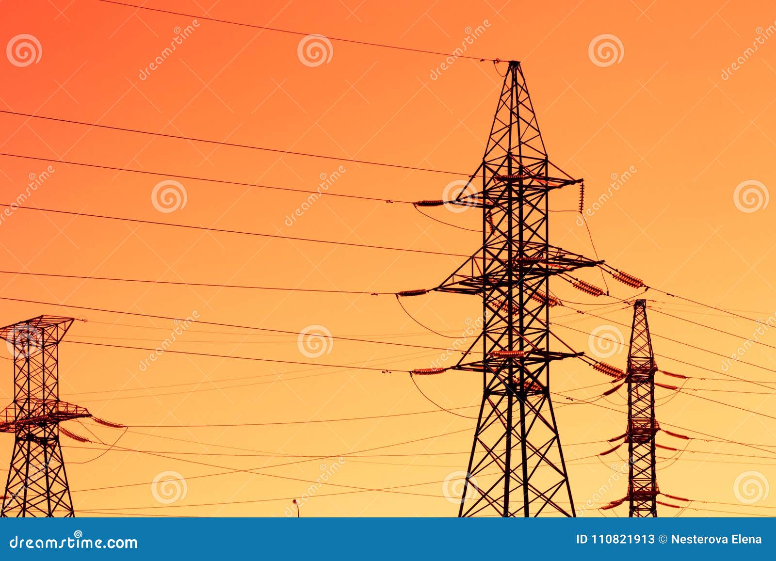 Silhouette of High-power Pylons with Evening Light, with Sunset Sky ...