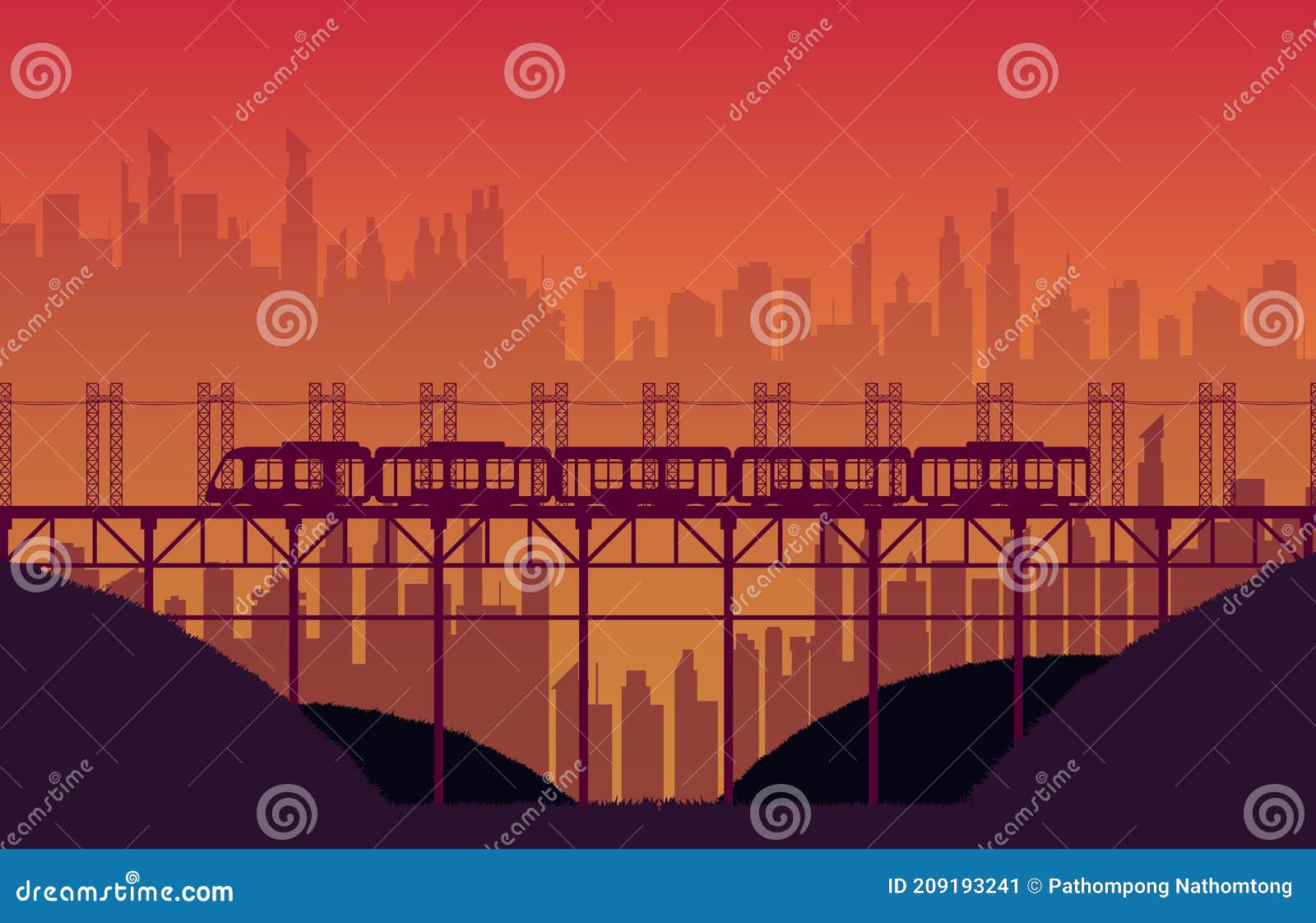 High Speed Train Rail Road with Bridge on Orange Gradient Background ...