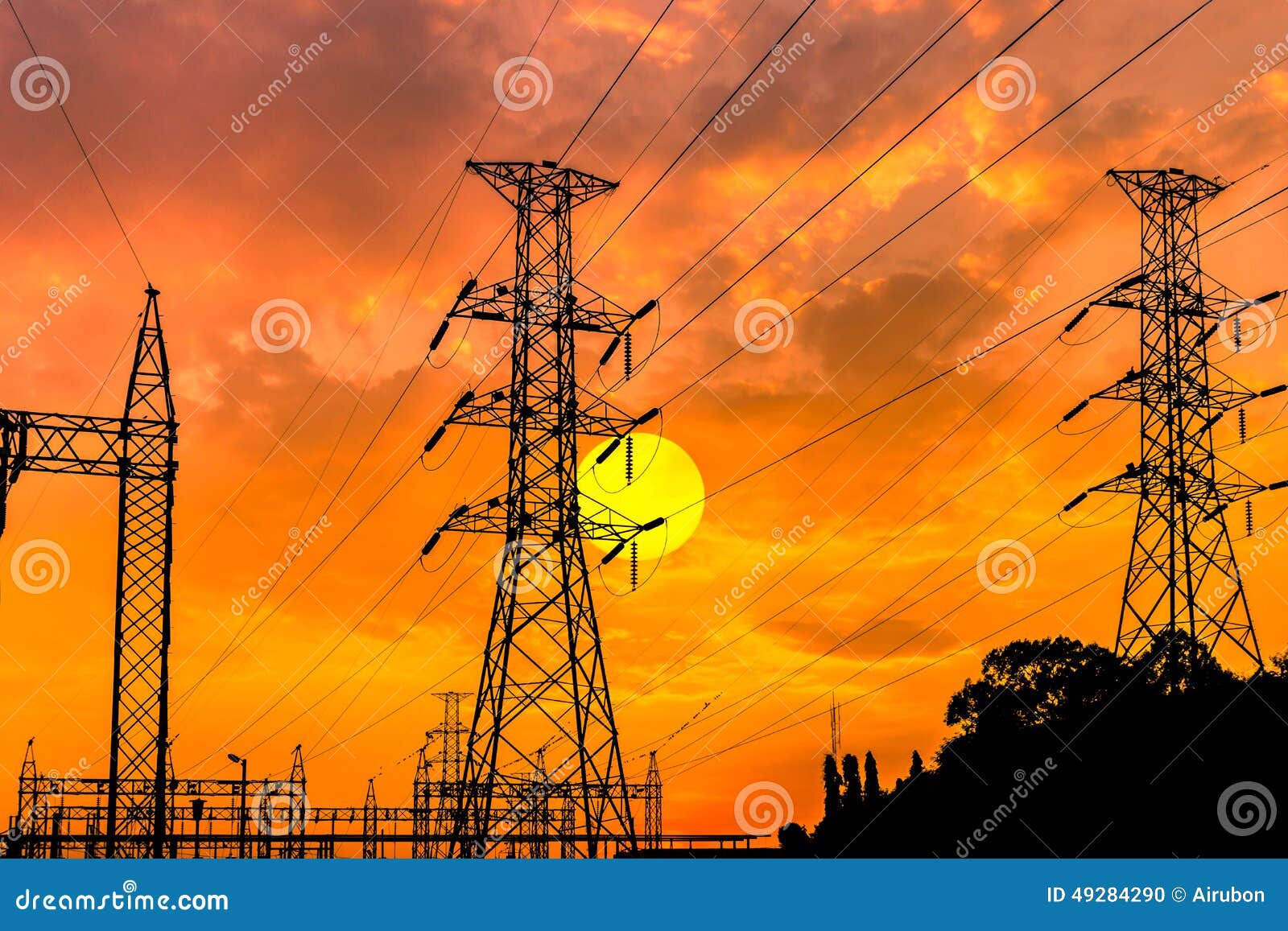Silhouette High Voltage Electric Pillars On Sunset Background Stock ...