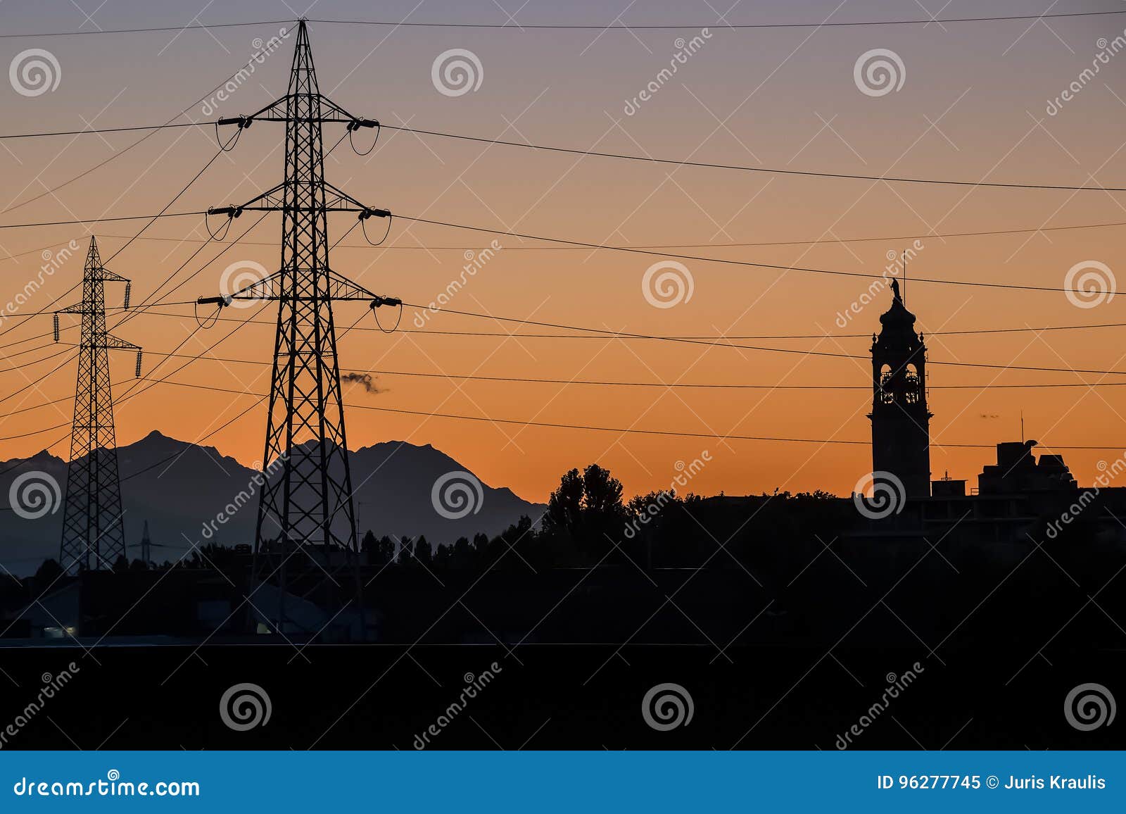 Silhouette of High Voltage Power Line Cables in Sunset Stock Image ...