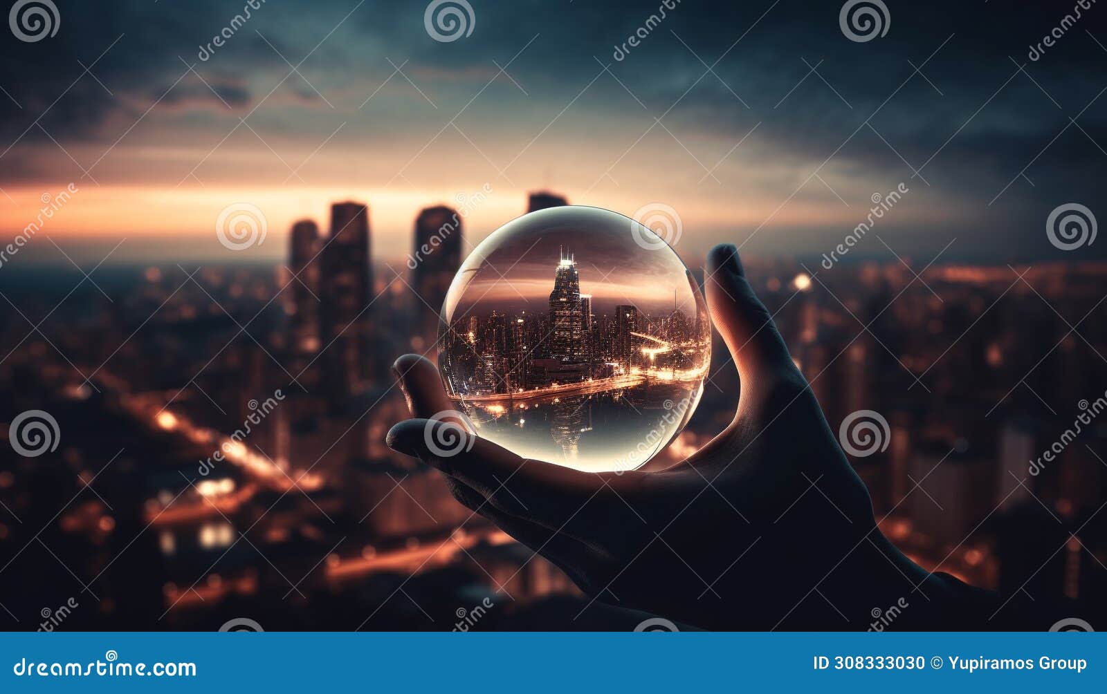 Silhouette Holding Glowing Sphere Reflects Cityscape Panoramic Sunset ...