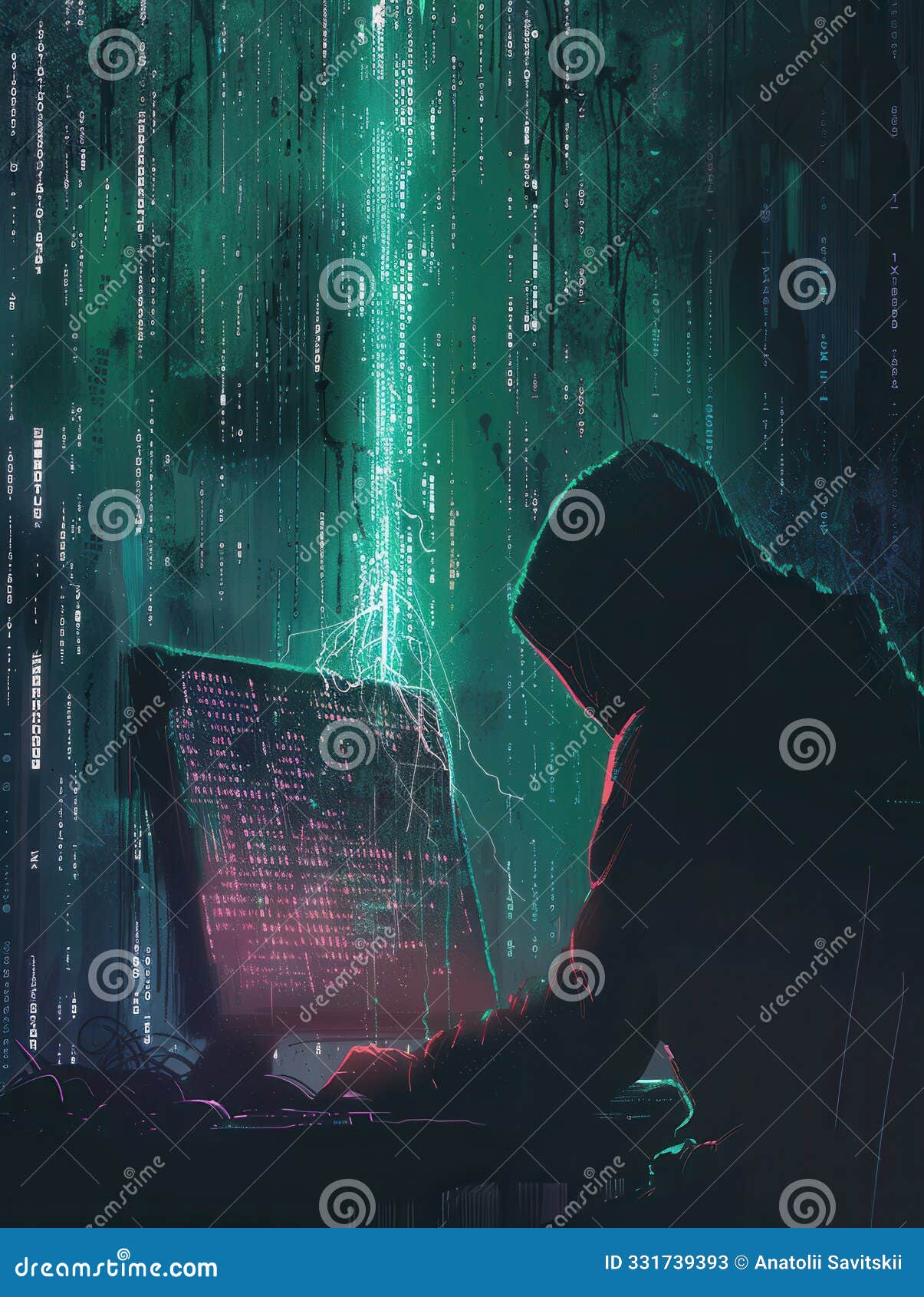 A Silhouette of a Hooded Figure Works Intently on a Computer, a Large ...