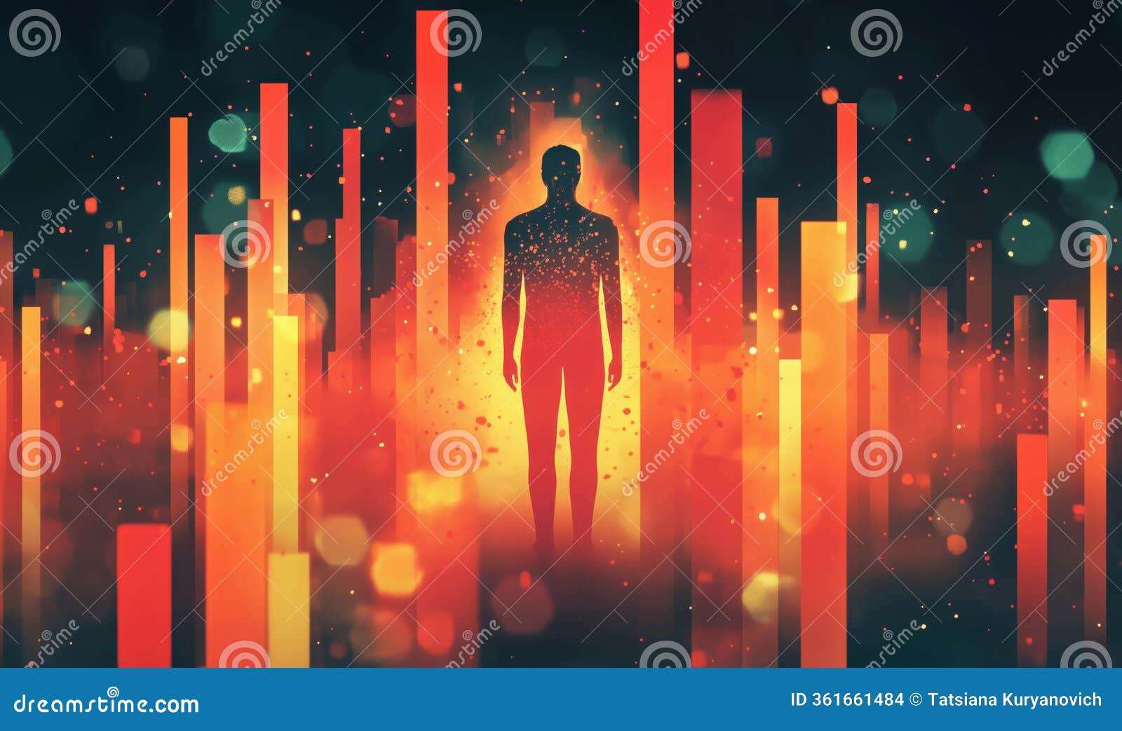 Silhouette of Human Figure Surrounded by Vibrant Vertical Bars and ...