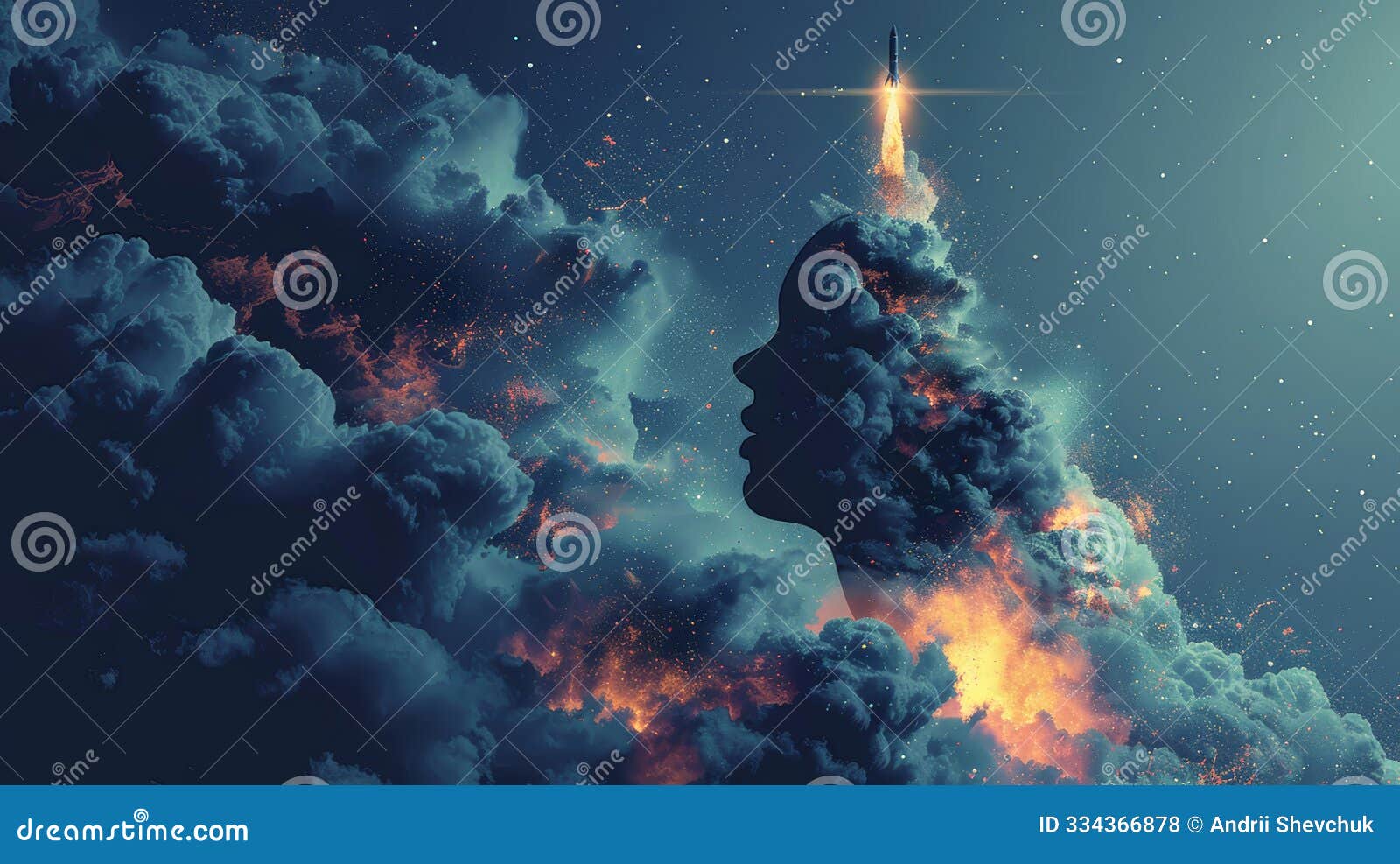 Silhouette of a Human Head with Exploding Rocket Launch Imagery in a ...