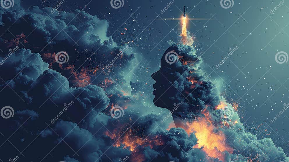 Silhouette of a Human Head with Exploding Rocket Launch Imagery in a ...
