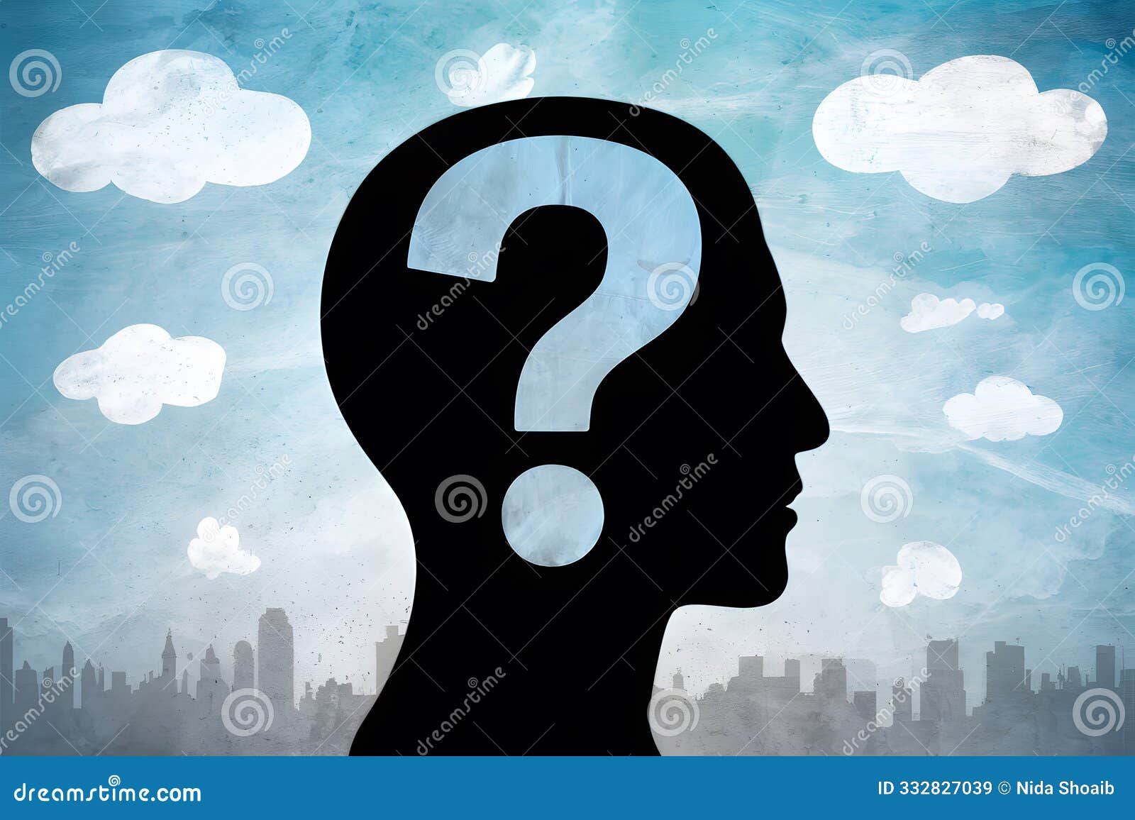 Silhouette of Human Head with Question Mark Against Light Blue Sky ...
