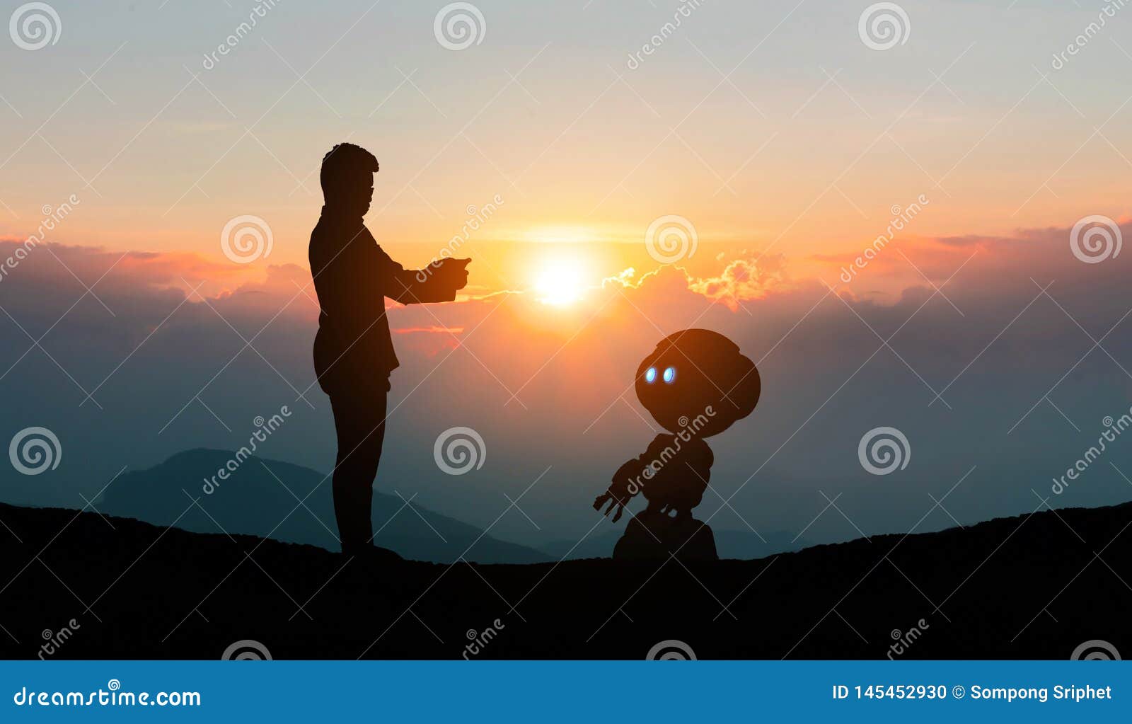 Silhouette Humans Who Control and Command Robots Future Stock Photo ...