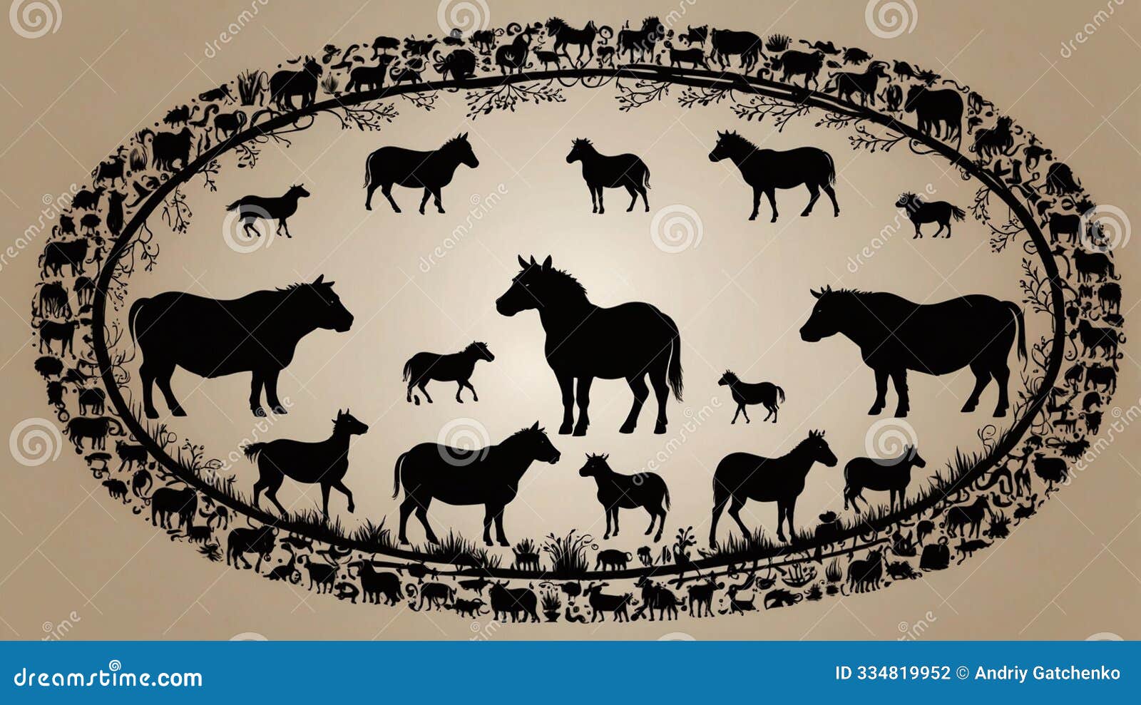 Silhouette Illustration of Diverse Farm Animals in Ornate Circular ...