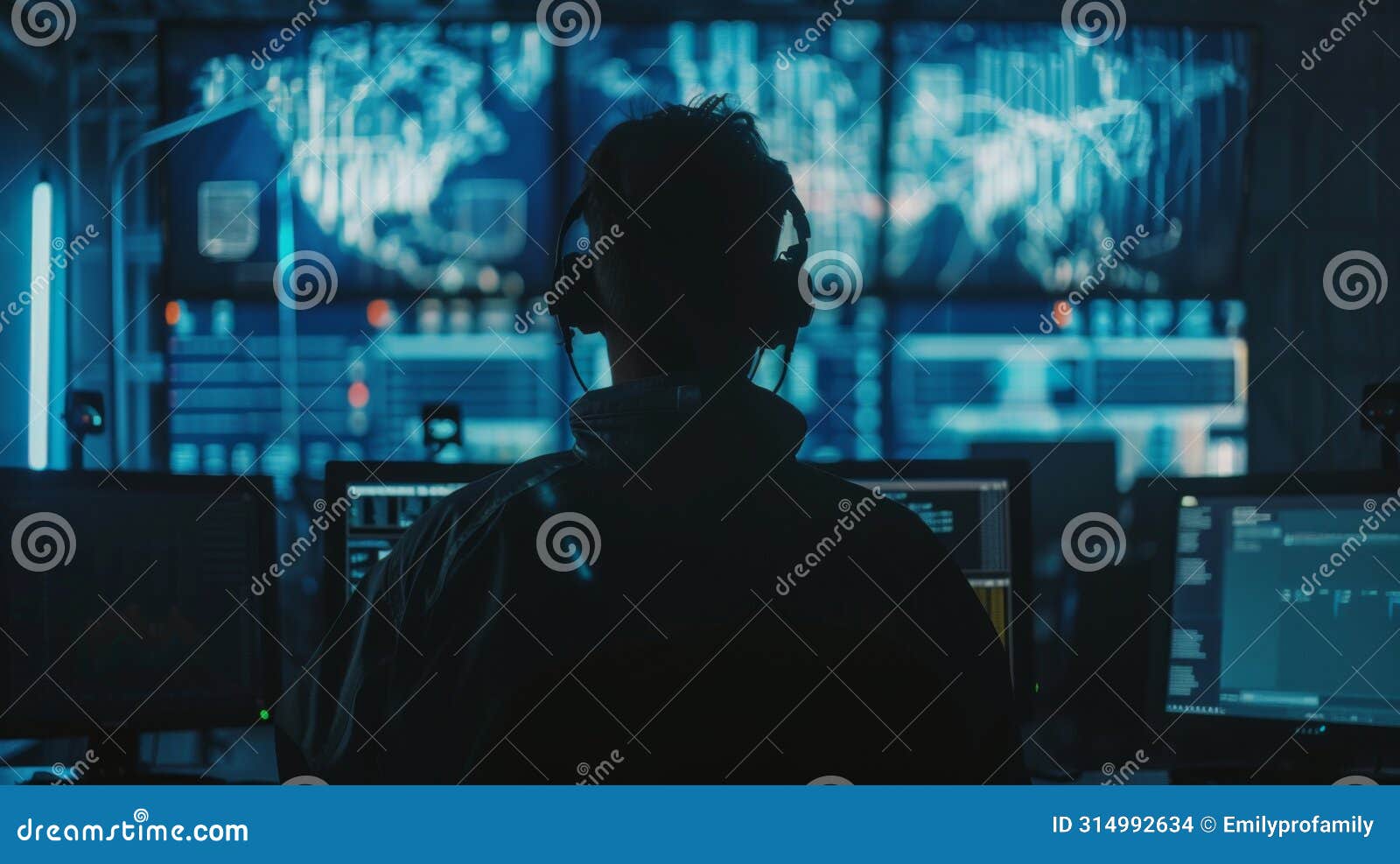 Person Monitoring Screens in High-Tech Control Room at Night Stock ...