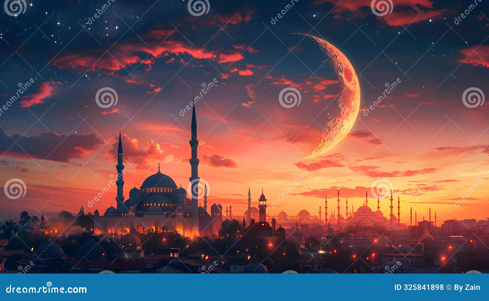 Silhouette of Islamic Mosque during Sunset Sky with Crescent Moon Night ...