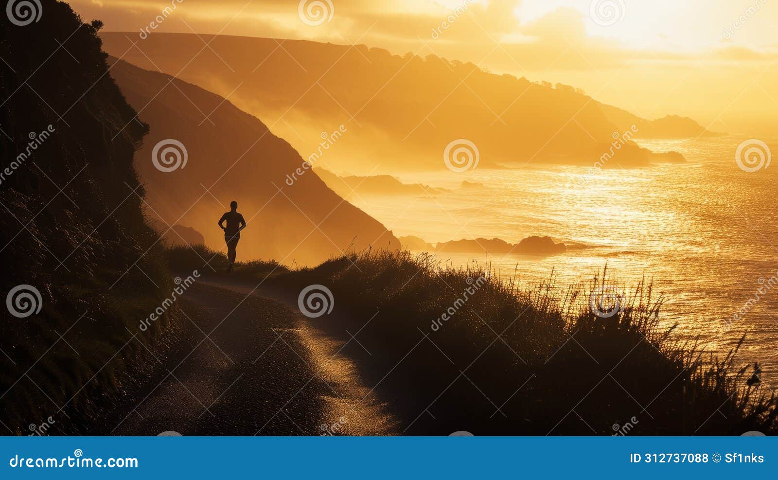 Silhouette of a Jogger Running Along a Coastal Path with the Sunrise ...
