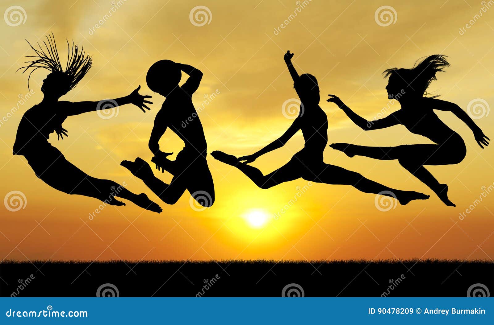 Silhouette Jumping Happiness People on Sunset Stock Image - Image of ...