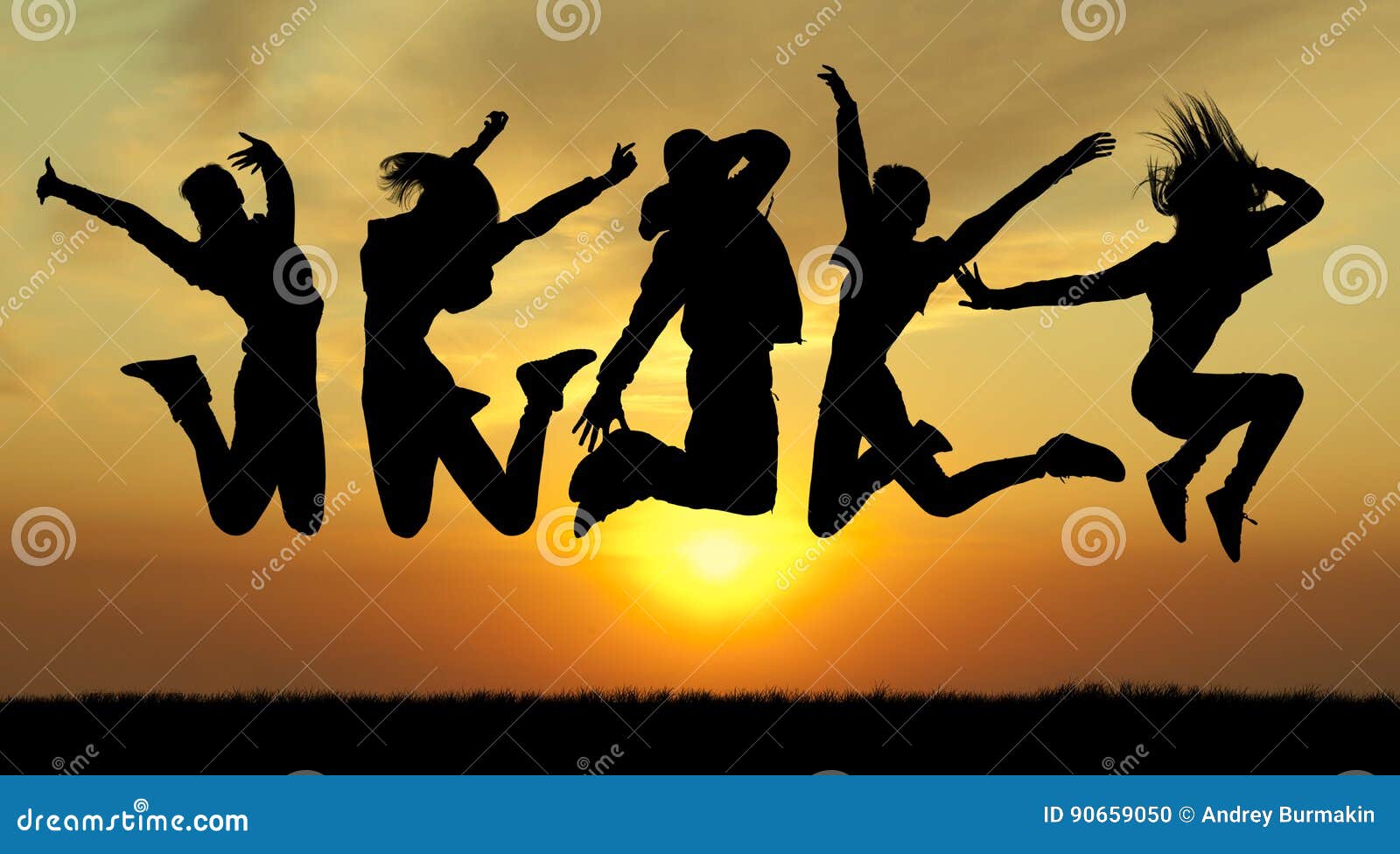 Silhouette Jumping Happiness People on Sunset Stock Photo - Image of ...