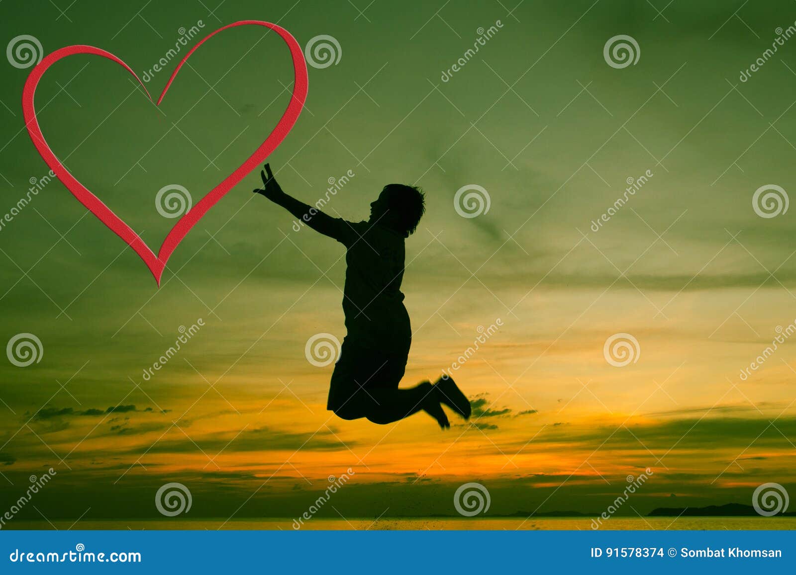 Silhouette by Kid at Sunset and Red Heart Editorial Stock Image - Image ...