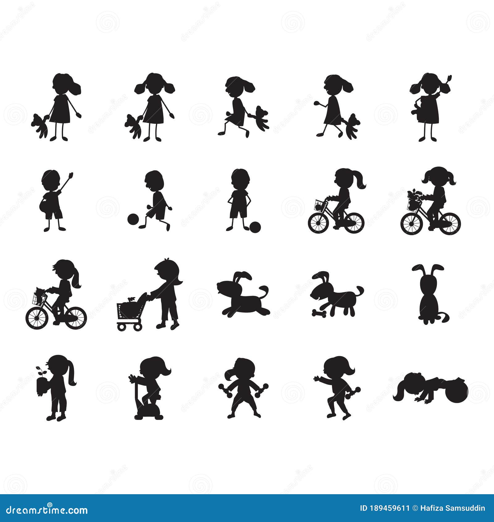 Silhouette of Kids in Various Activities. Vector Illustration ...