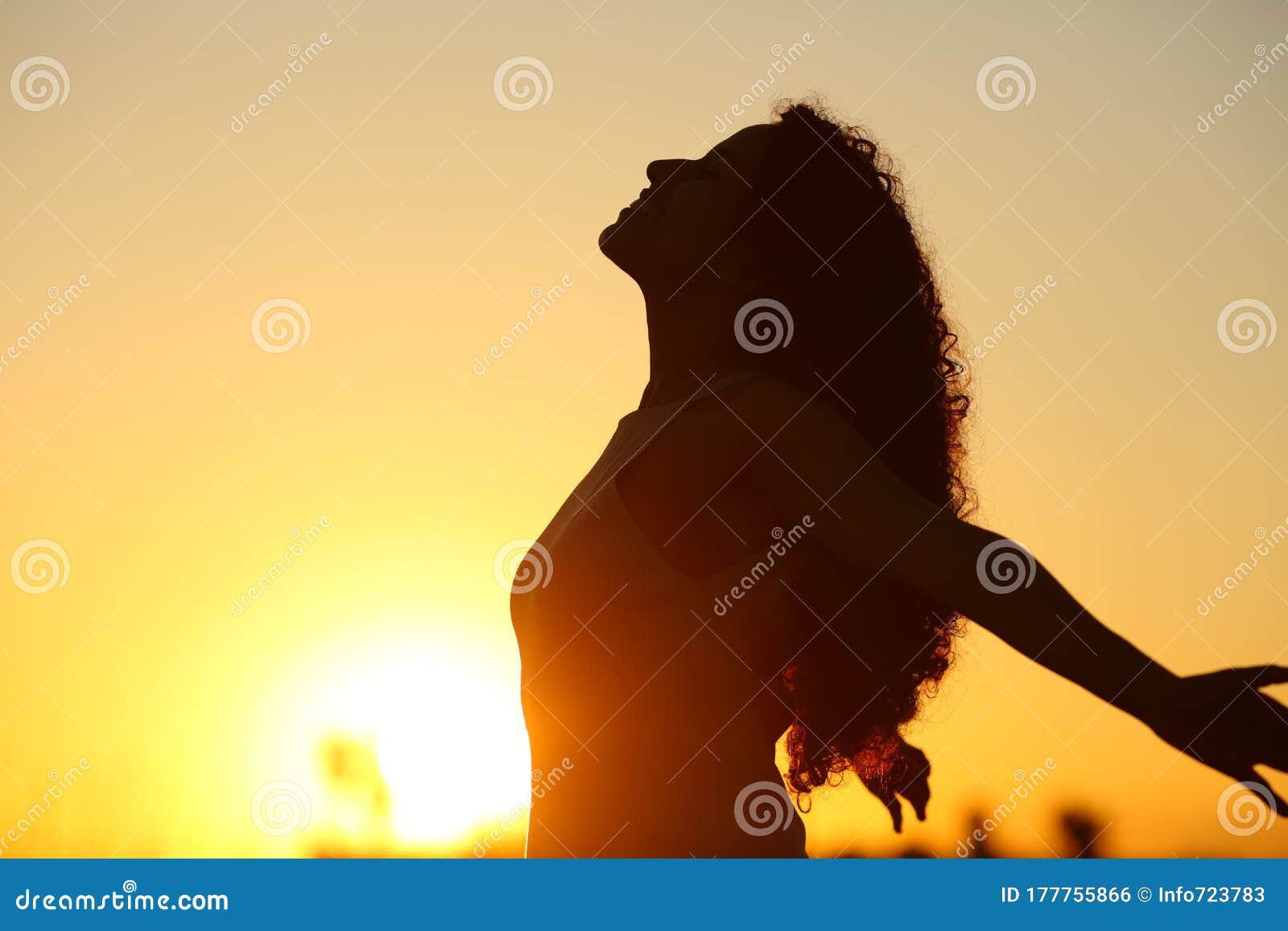 Silhouette Of A Lady Breathing Fresh Air At Sunset Royalty-Free Stock ...