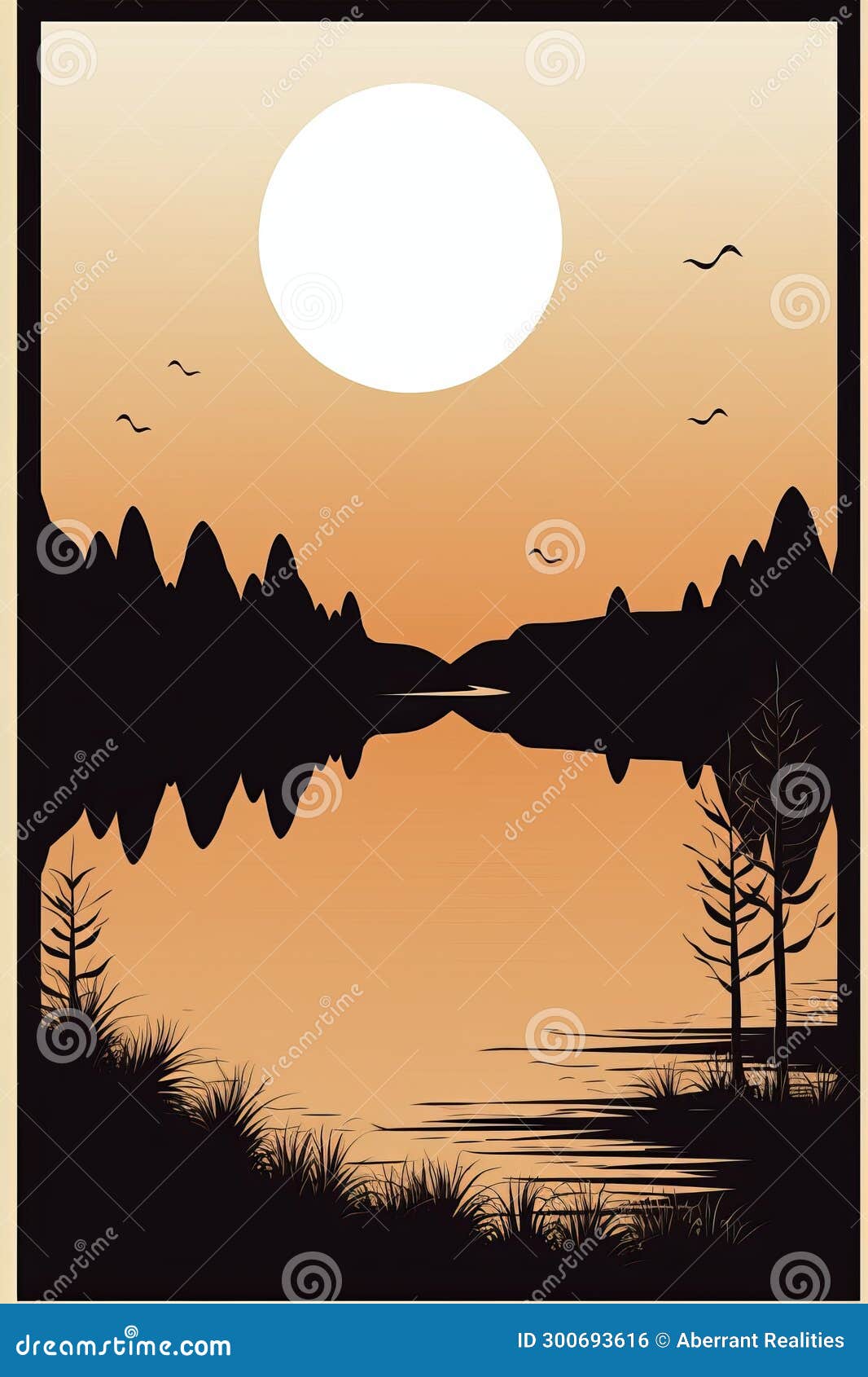 A Silhouette of a Lake and Trees at Sunset Stock Illustration ...