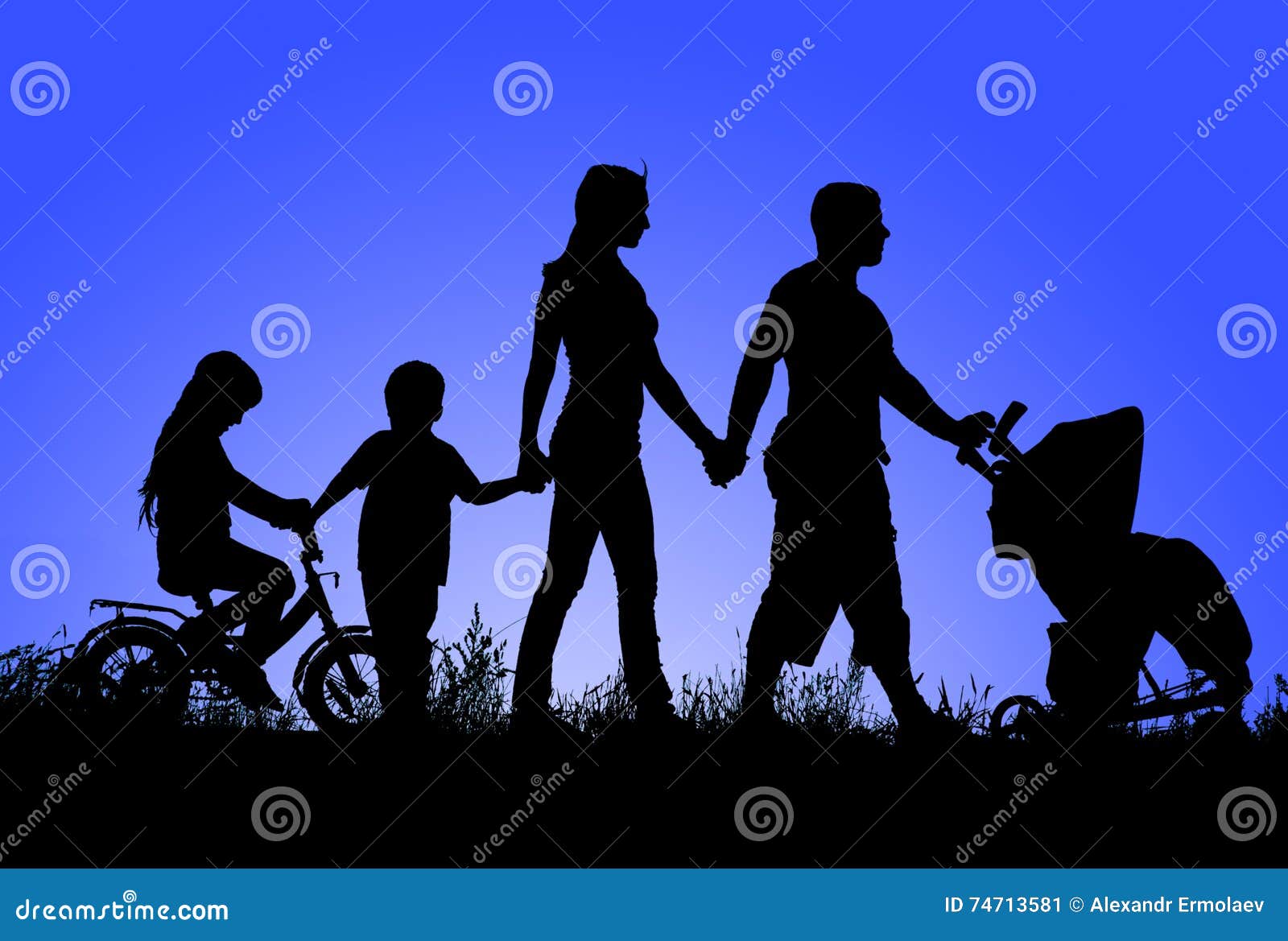 Silhouette of a Large Family that Walks at Sunset Stock Image - Image ...
