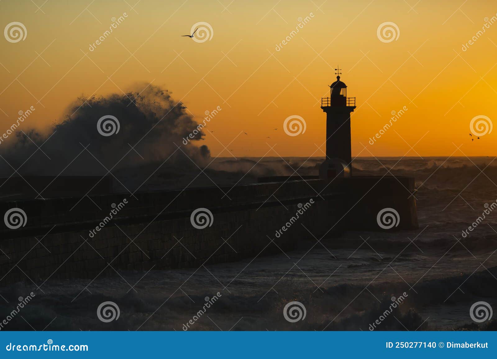 The Silhouette of a Lighthouse Being Washed by a Huge Wave during ...