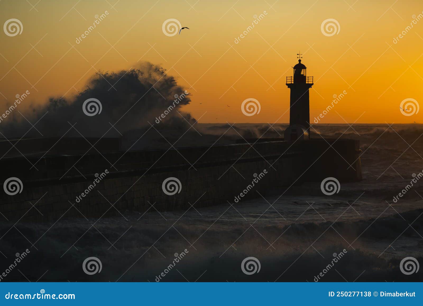 The Silhouette of a Lighthouse, Washed in the Twilight by a Huge Wave ...