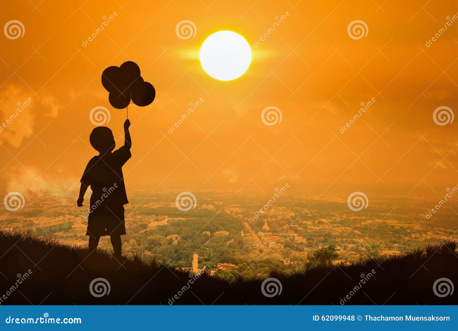 Silhouette of Little Boy Hold Bubble Look at the Sun Stock Photo ...