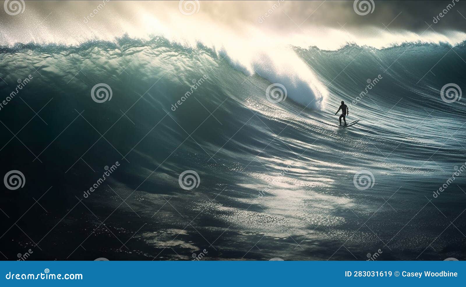Silhouette of Lone Person Surfing Large Wave with Copy Space Stock ...