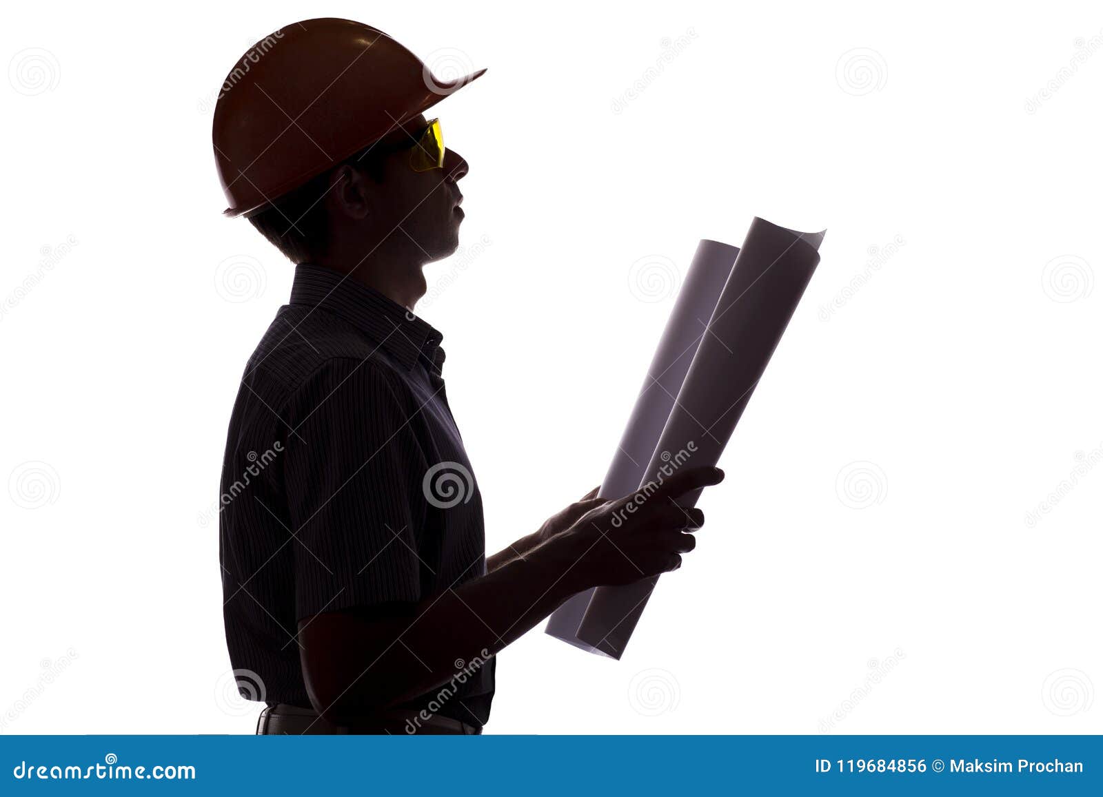 Silhouette of Male Construction Engineer with Building Project, Man in ...