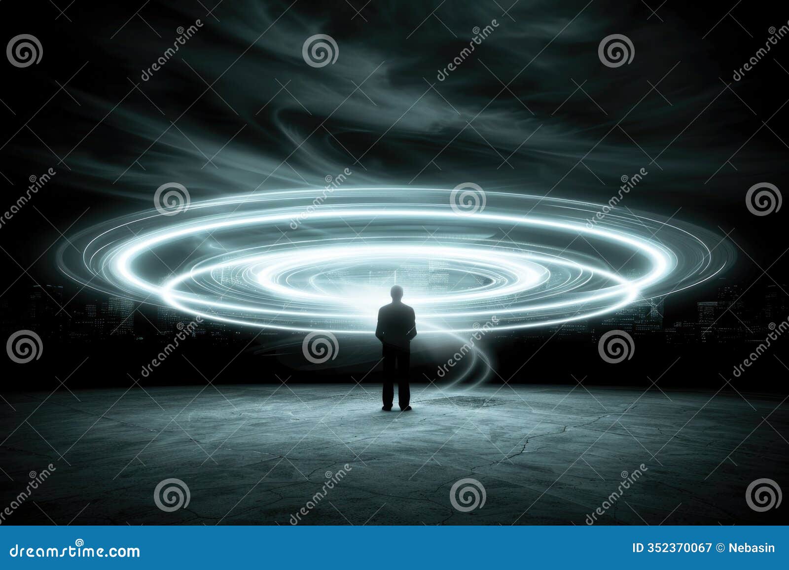 Silhouette of Male Facing Glowing Vortex Over Cityscape at Night Stock ...