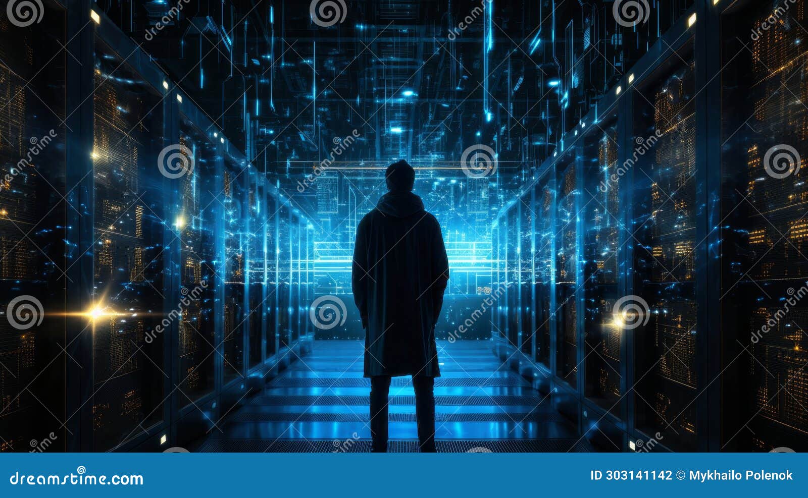 Silhouette of a Male Hacker in a Server Room. Neural Network AI ...