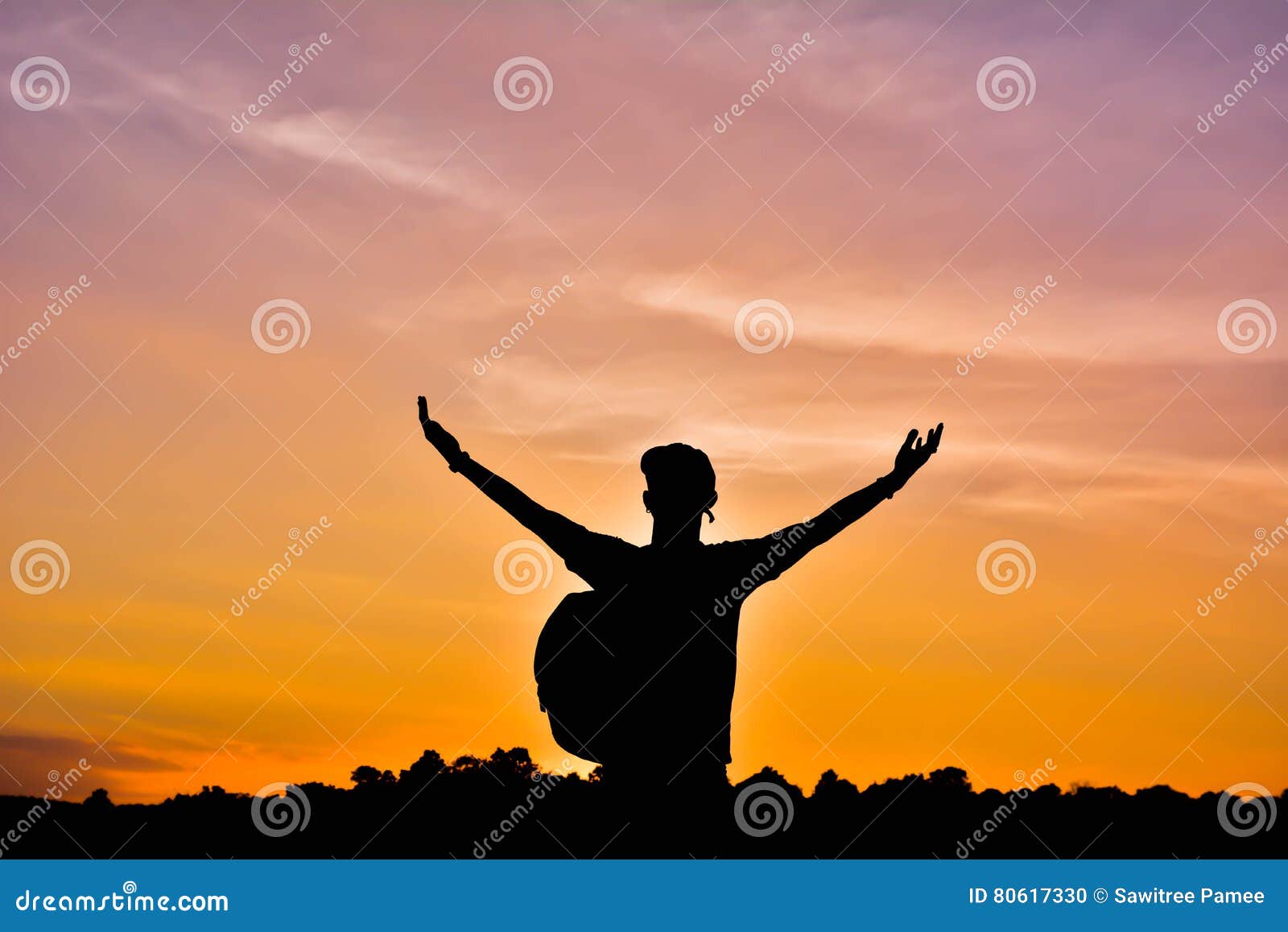 Silhouette of Man with Backpack Open Hand on the Sky Sunset Back Stock ...