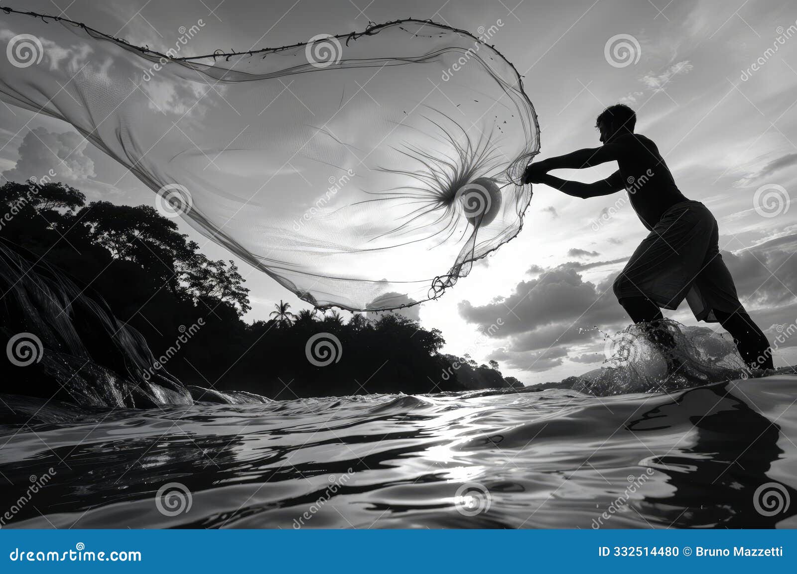 Silhouette of a Man Casting a Net in a River during Sunset. Stock ...