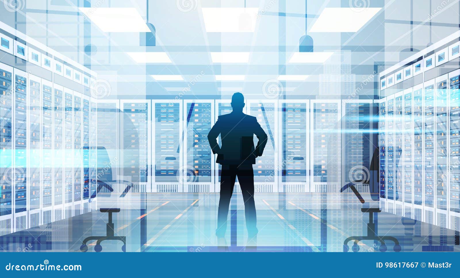 Silhouette Man in Data Center Room Hosting Server Computer Information ...