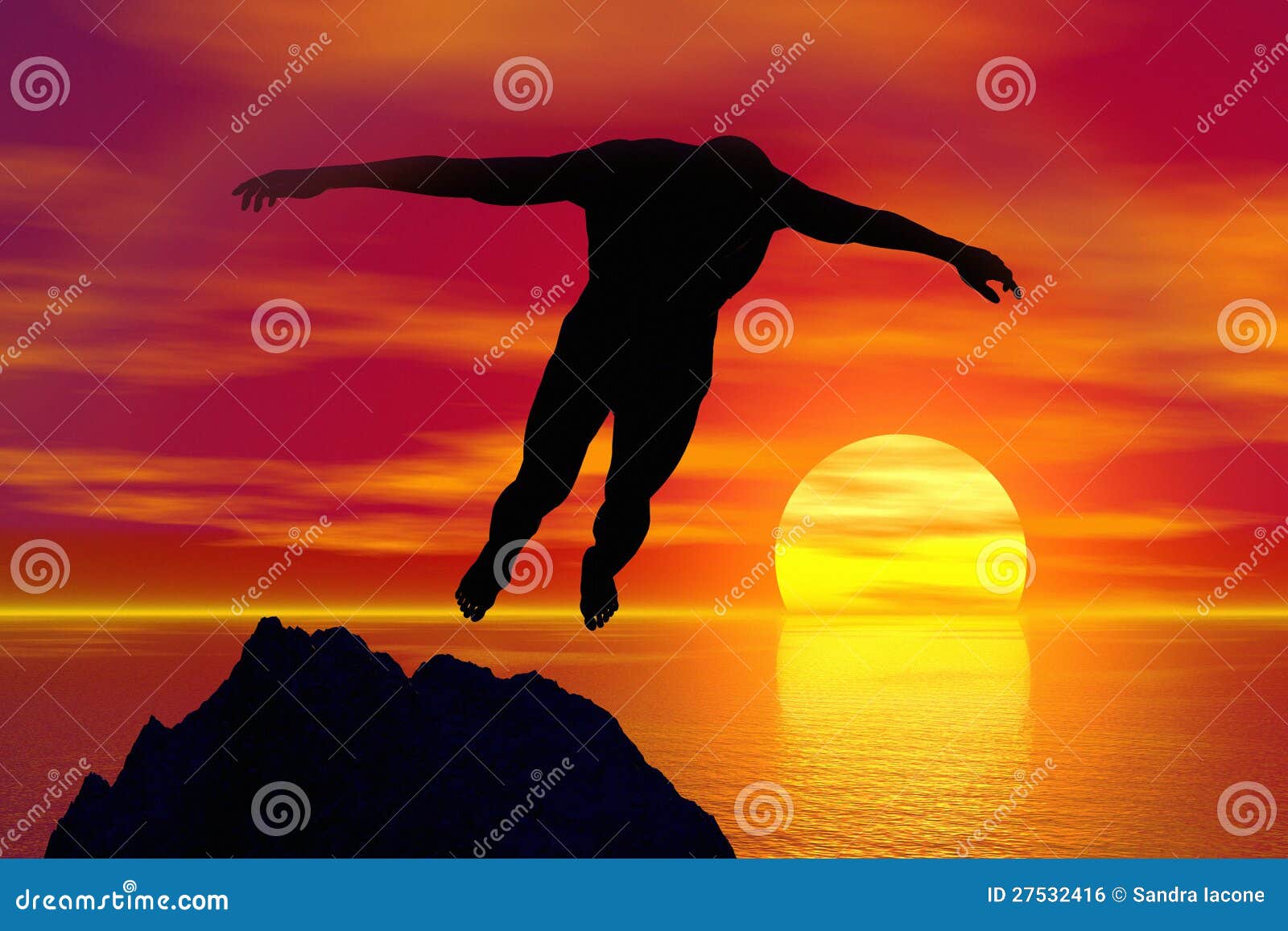 Silhouette of a Man Diving on Sunset Stock Illustration - Illustration ...