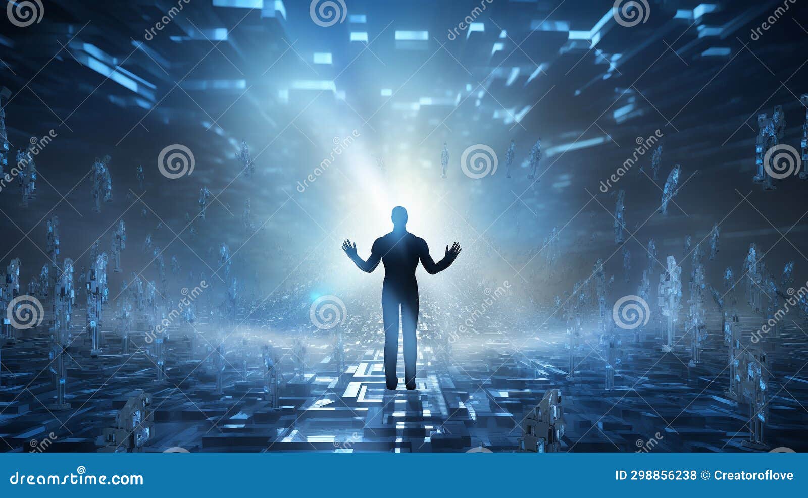 Silhouette of a Man in Front of Blue Lights Stock Illustration ...